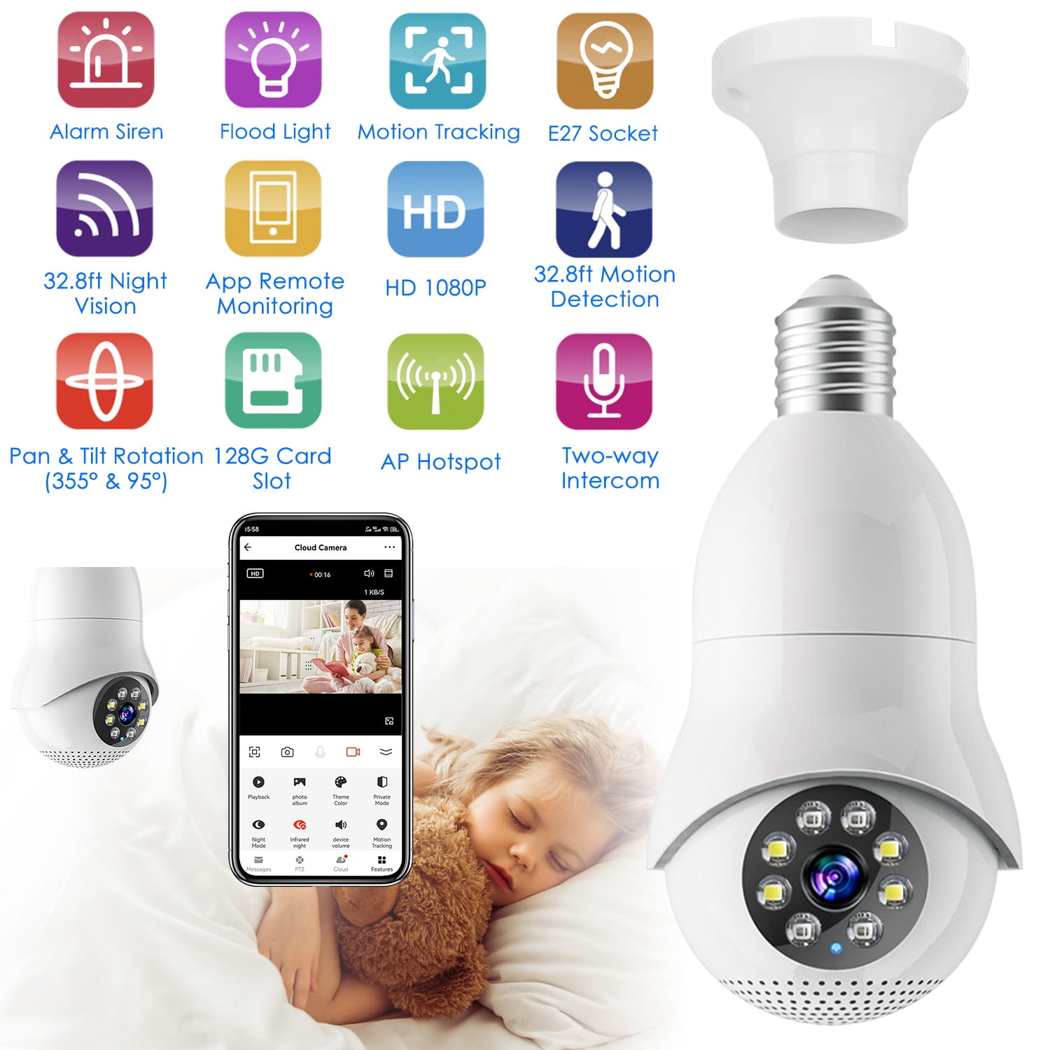 iMounTEK E27 WiFi Lightbulb IP Camera, 1080P HD, Night Vision, Two-Way ...