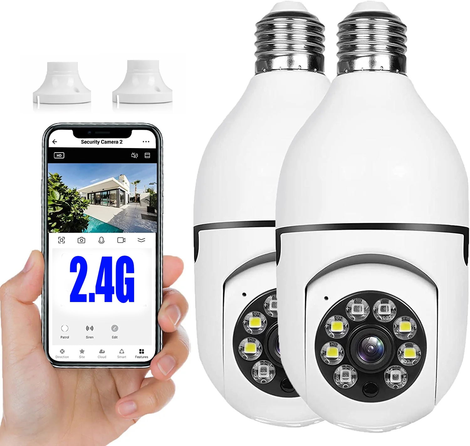 2-Pack E27 1080p Light Bulb Security Camera, Indoor/Outdoor, Motion ...