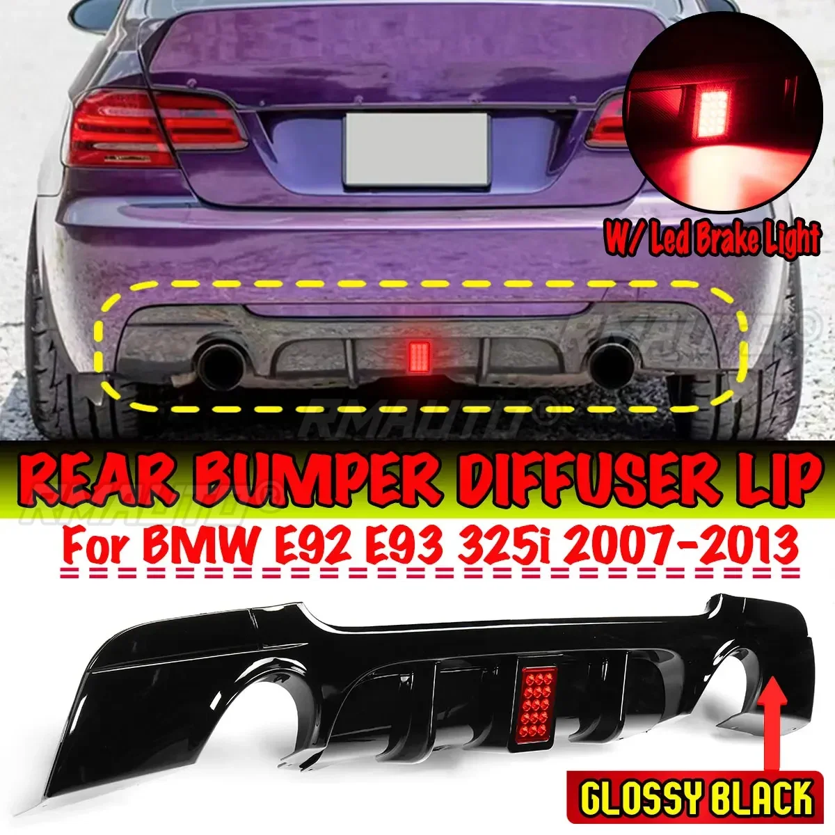 E93 Car Rear Bumper Diffuser Lip w/LED Brake Light For BMW E92 E93 325i ...