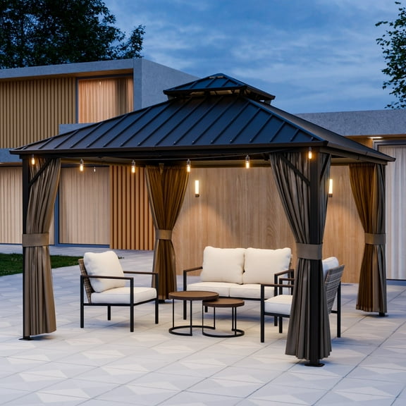 12'x12' Outdoor Metal Gazebo with Galvanized Steel Double Roof and ...