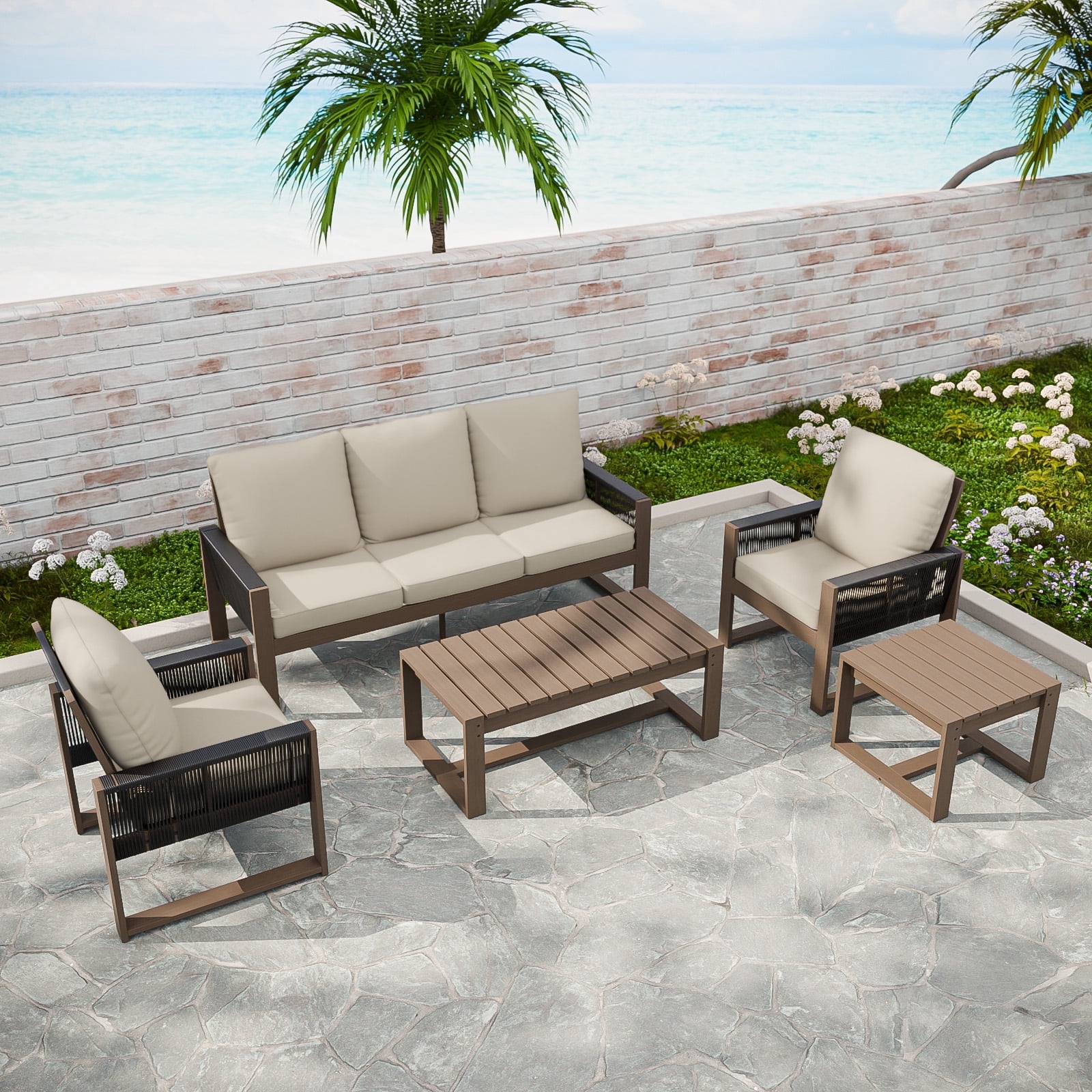 EAGLE PEAK 5 Pieces Natural Real Wood Cedar Outdoor Patio Conversation ...