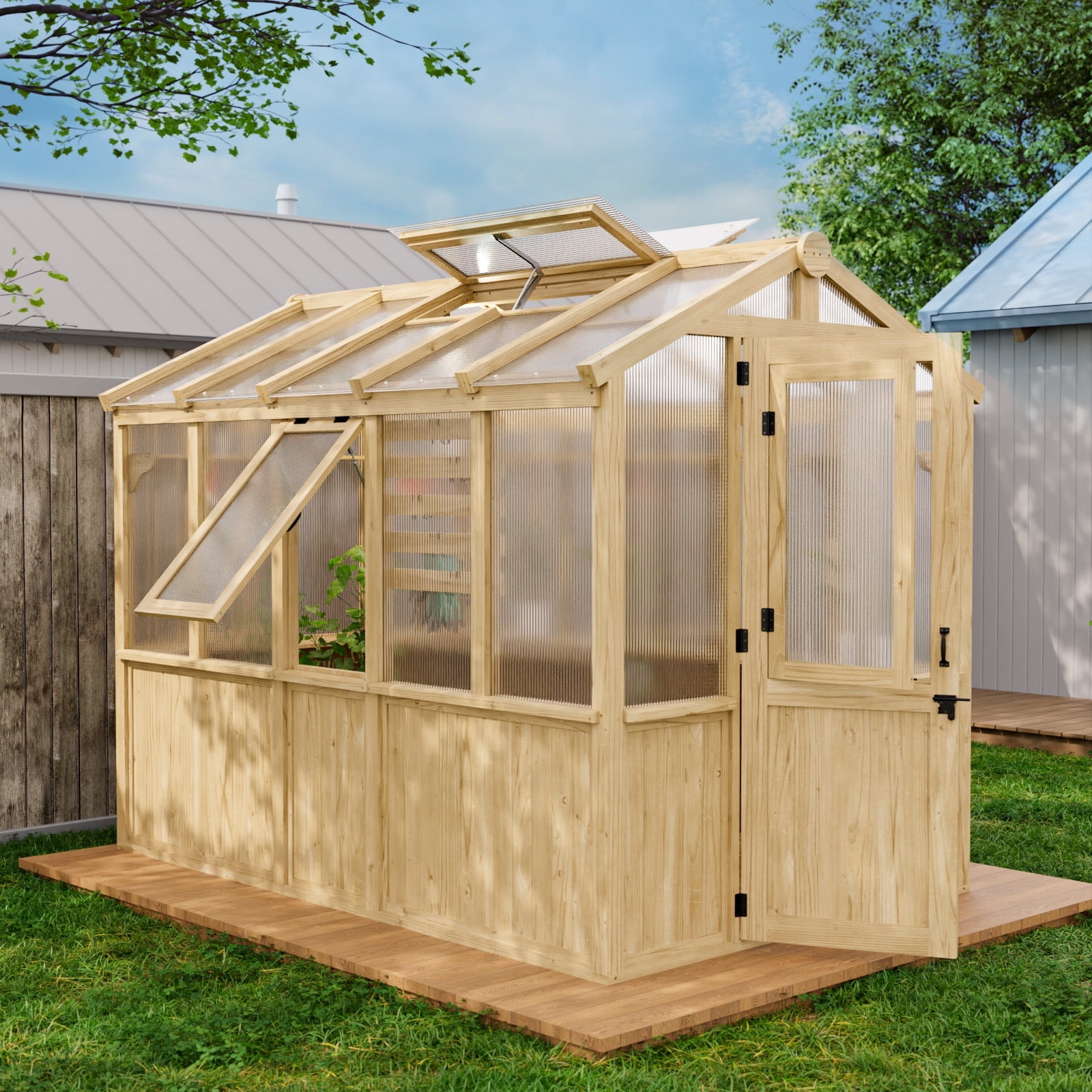 EAGLE PEAK 6.7 ft. x 9.7 ft.Wooden Polycarbonate Walk-in Greenhouse ...