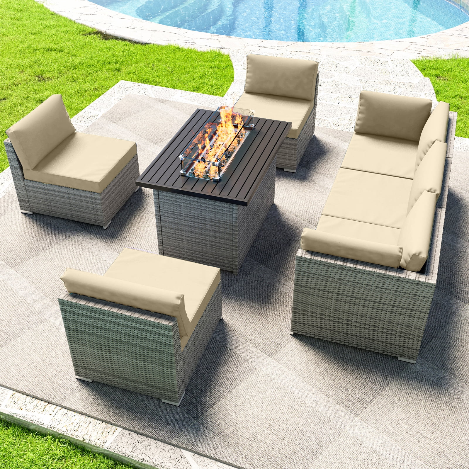 EAGLE PEAK 7 Piece Outdoor Wicker Patio Furniture Set with Fire Table ...