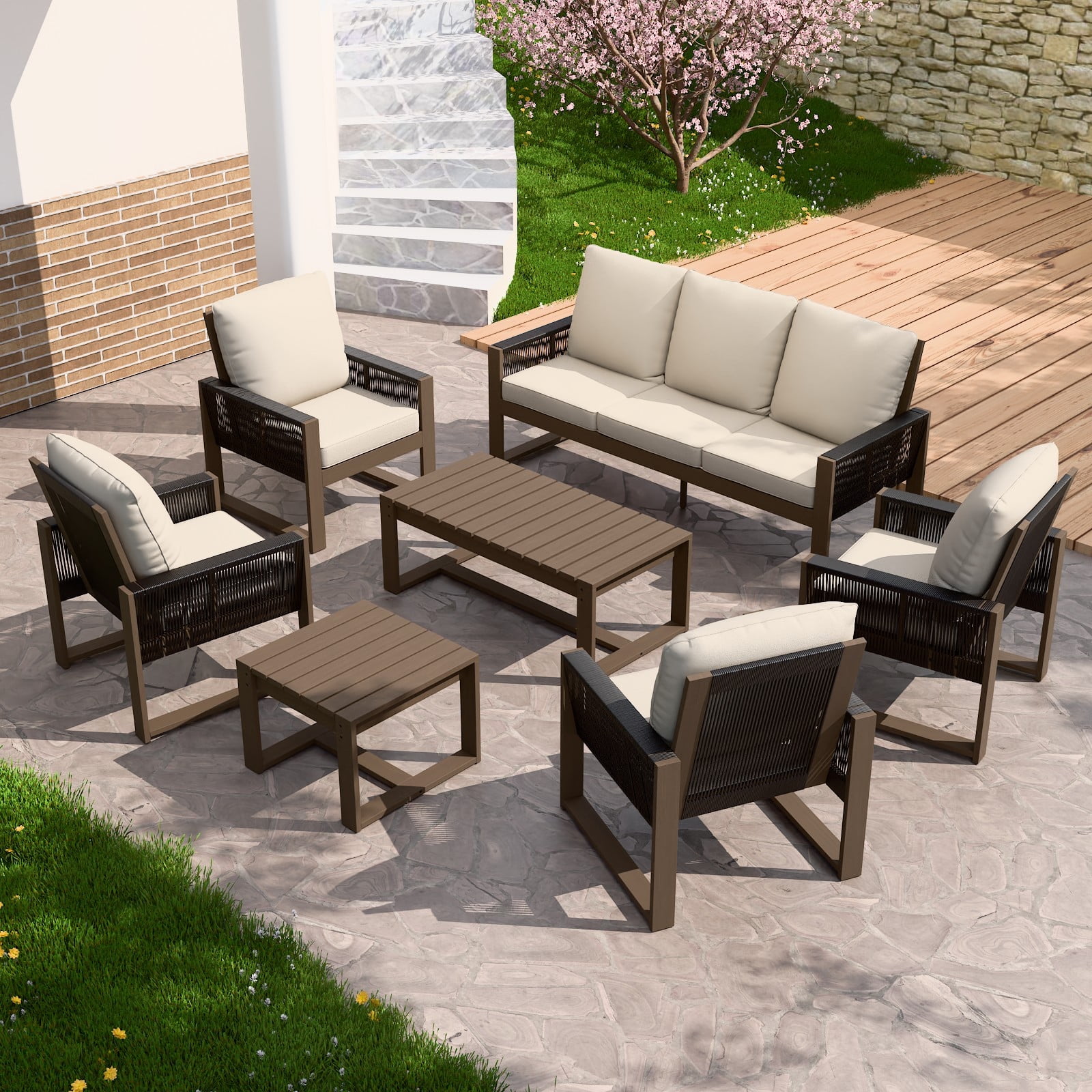 EAGLE PEAK 8 Pieces Natural Real Wood Cedar Outdoor Patio Conversation ...