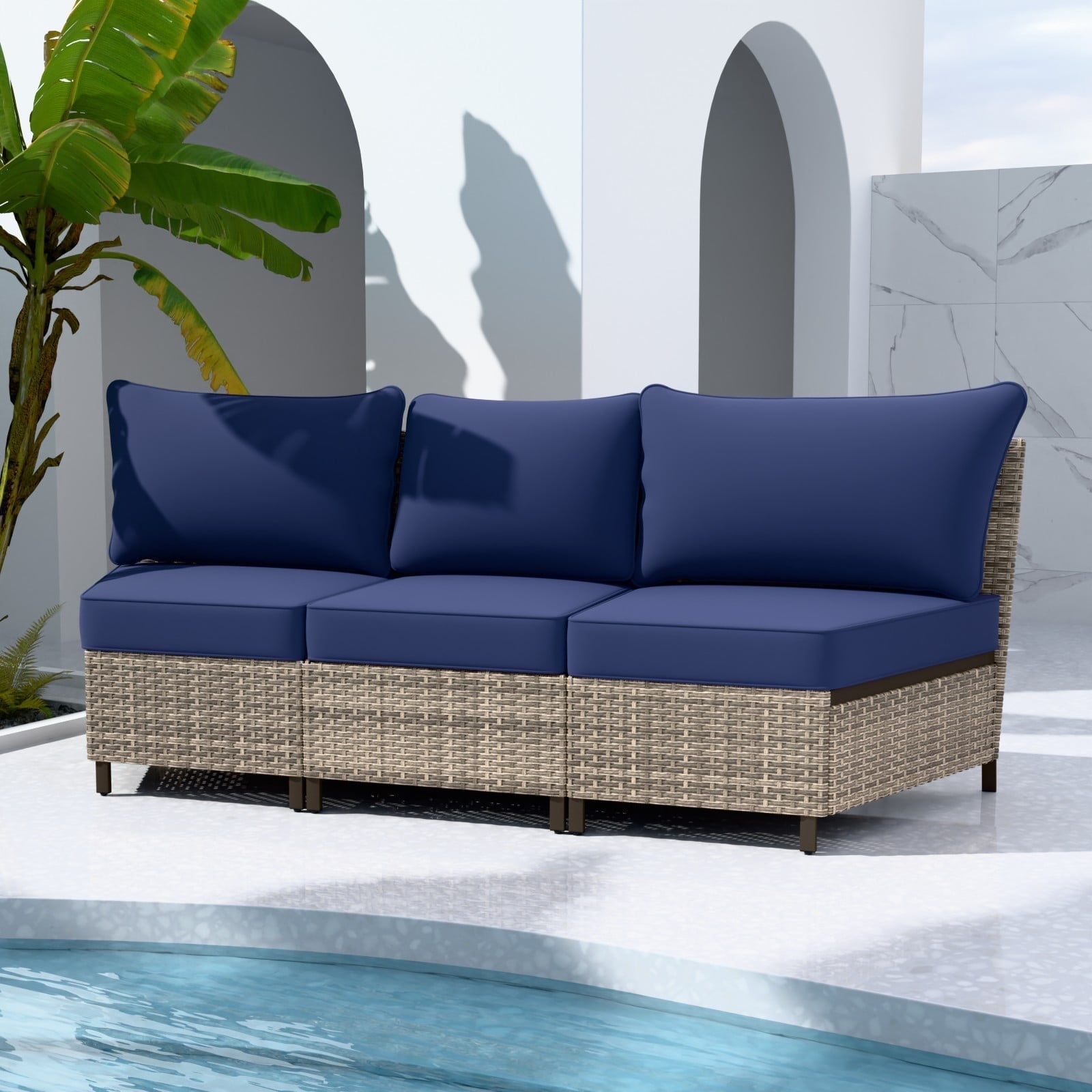 EAGLE PEAK Coastal Vista 3 Piece Outdoor Wicker Armless Chair with Blue ...