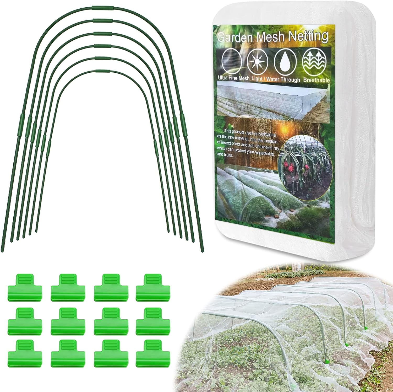 EAGLE PEAK Garden Hoop Kit with 8x20 ft Mesh Cover, 6 Packs of Garden ...