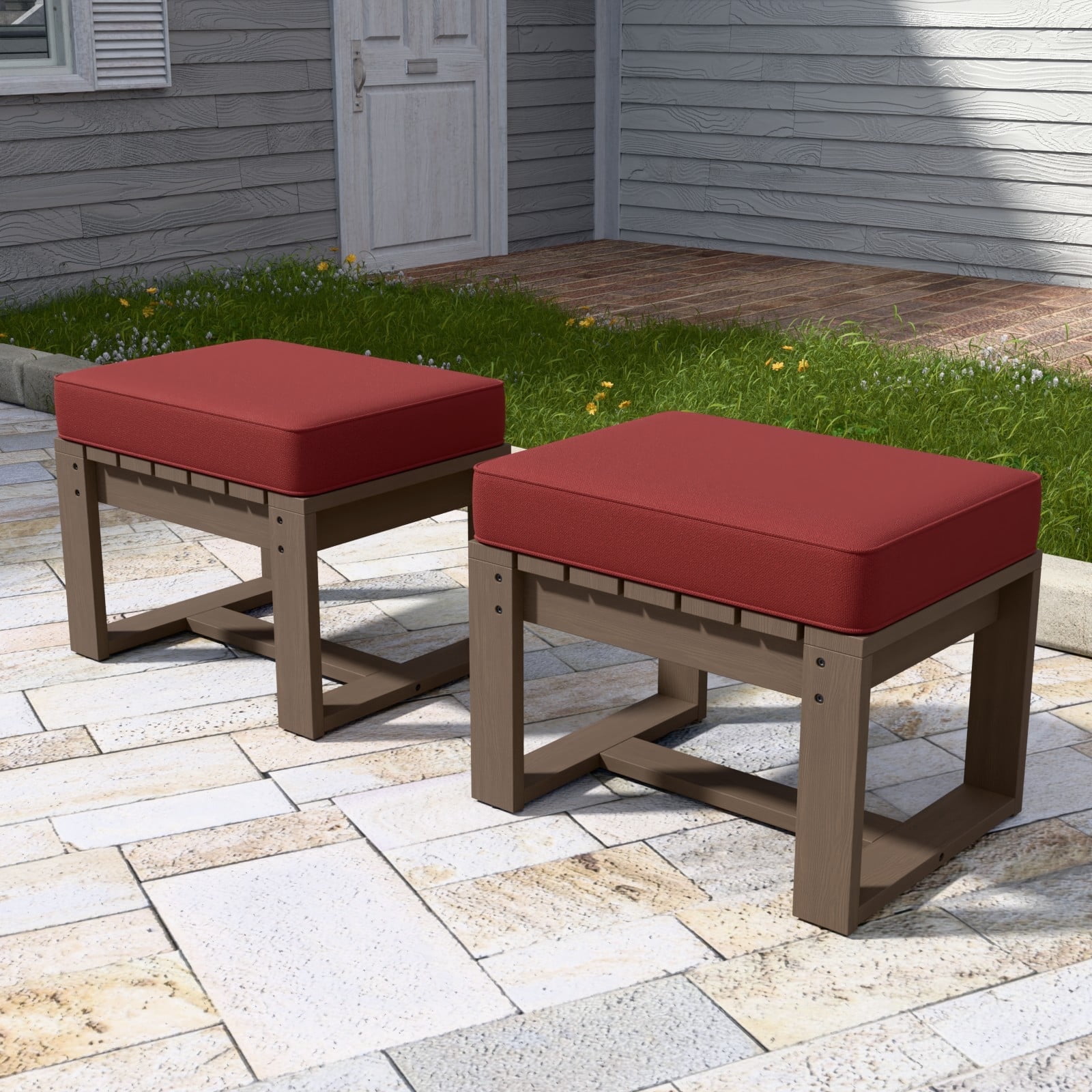 EAGLE PEAK Natural Real Wood Cedar Ottomans with Red Cushions, Slat Top ...