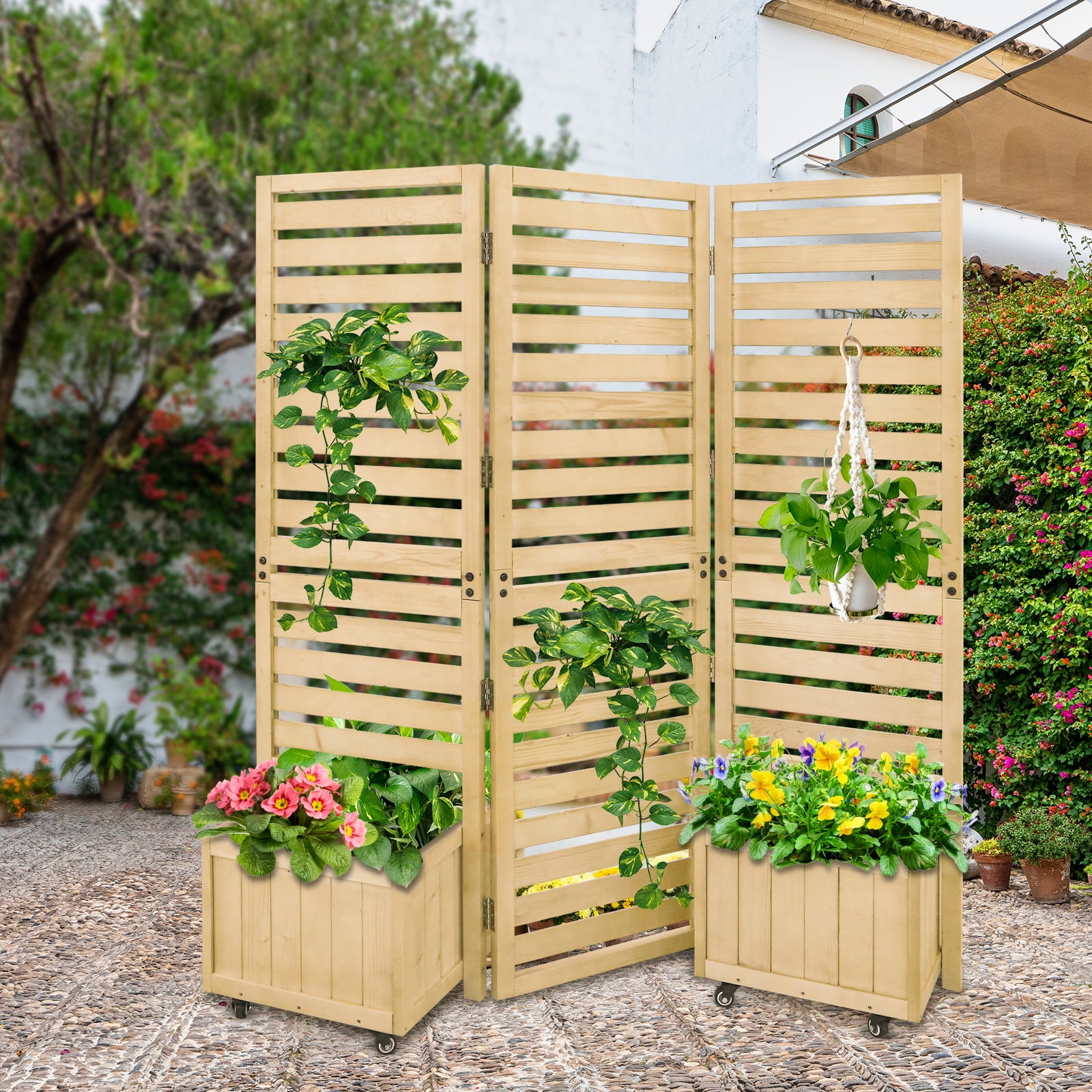 EAGLE PEAK Tri Fold Outdoor Cedar Privacy Screen with 2 Raised Garden ...