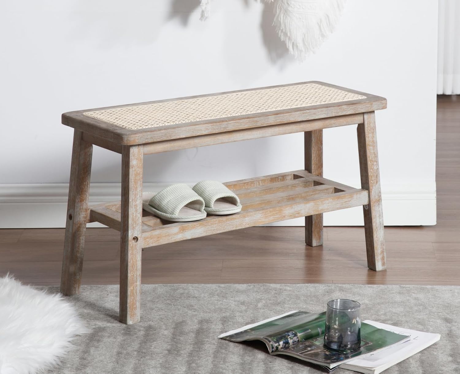 EALSON Rattan Entryway Bench with Storage Shoe Rack Wood Farmhouse 2 ...