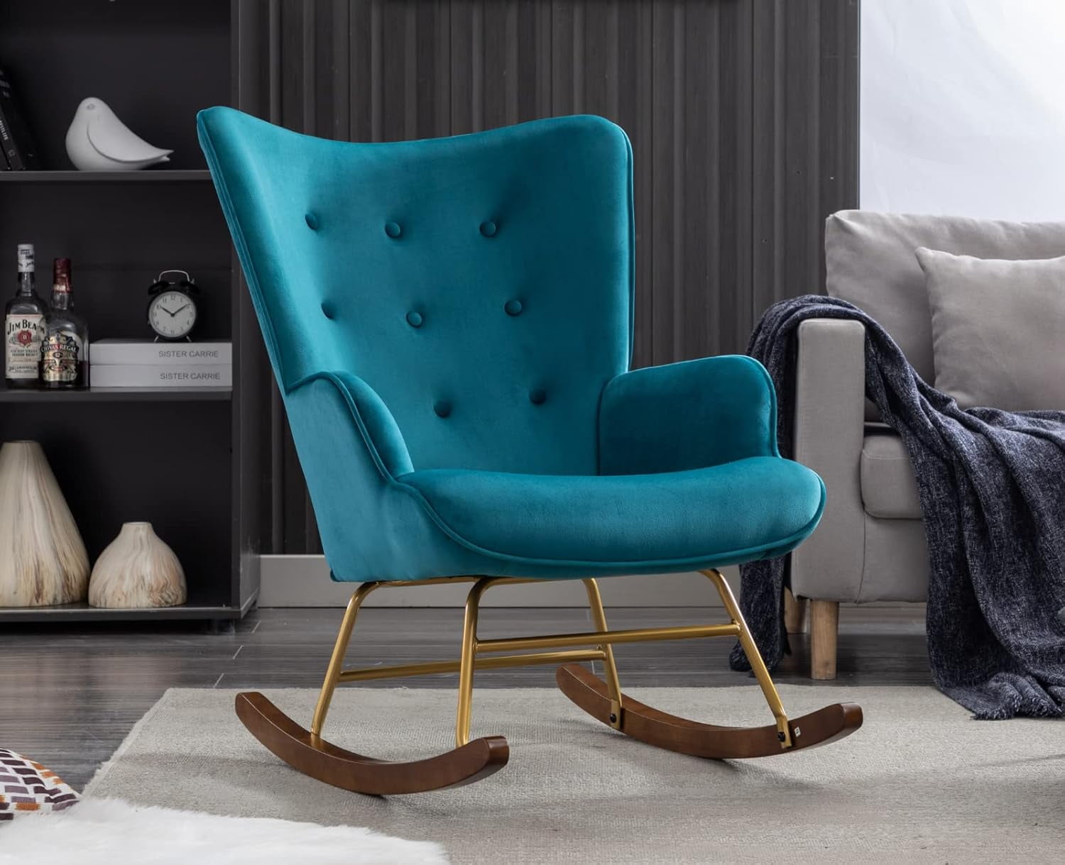 EALSON Velvet Nursery Rocking Chair Upholstered Rocker Chair Tufted ...