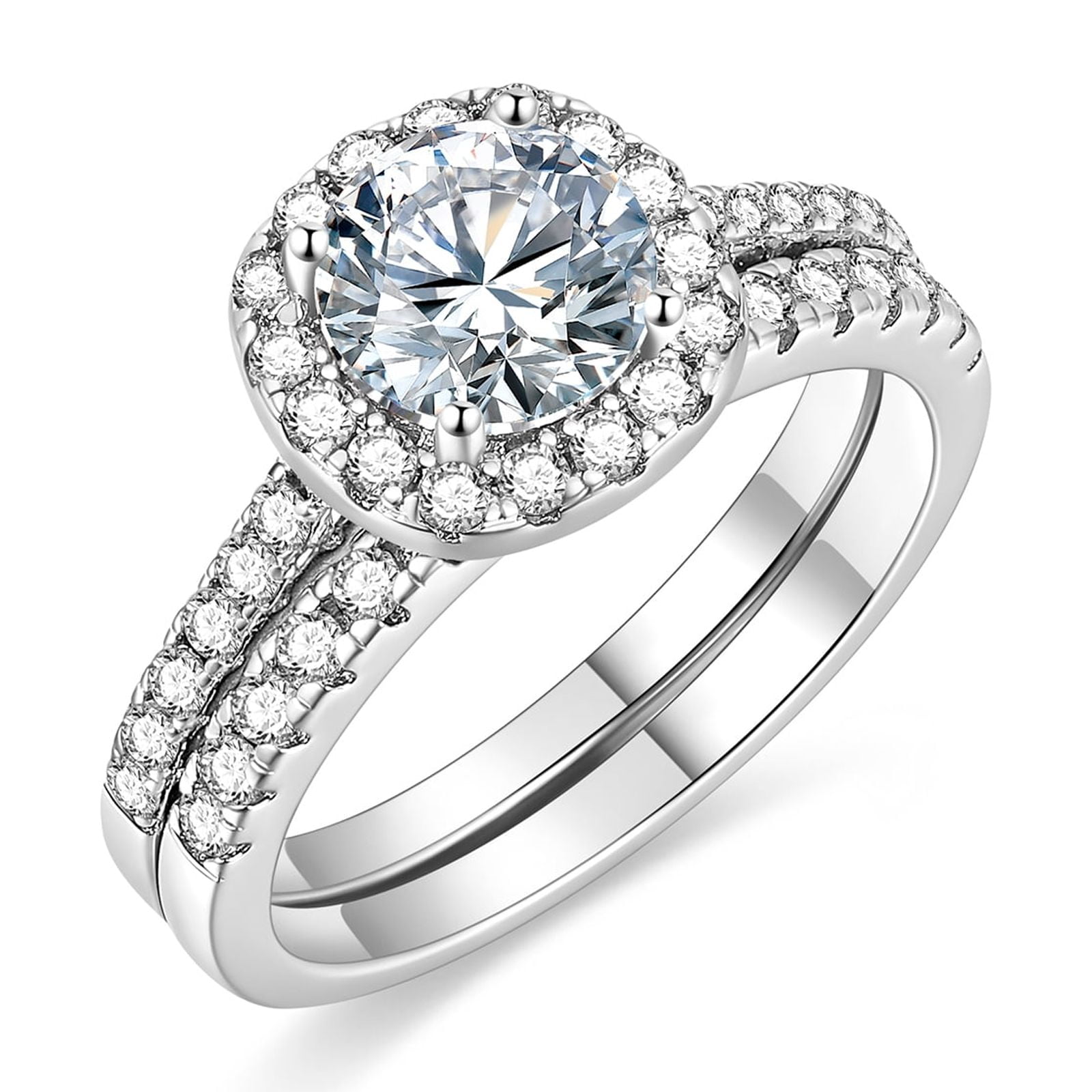 Monkton 925 Sterling Silver Cubic Zirconia Two-in-One Bridal Rings Sets 1.5CT Round Cut Halo ...