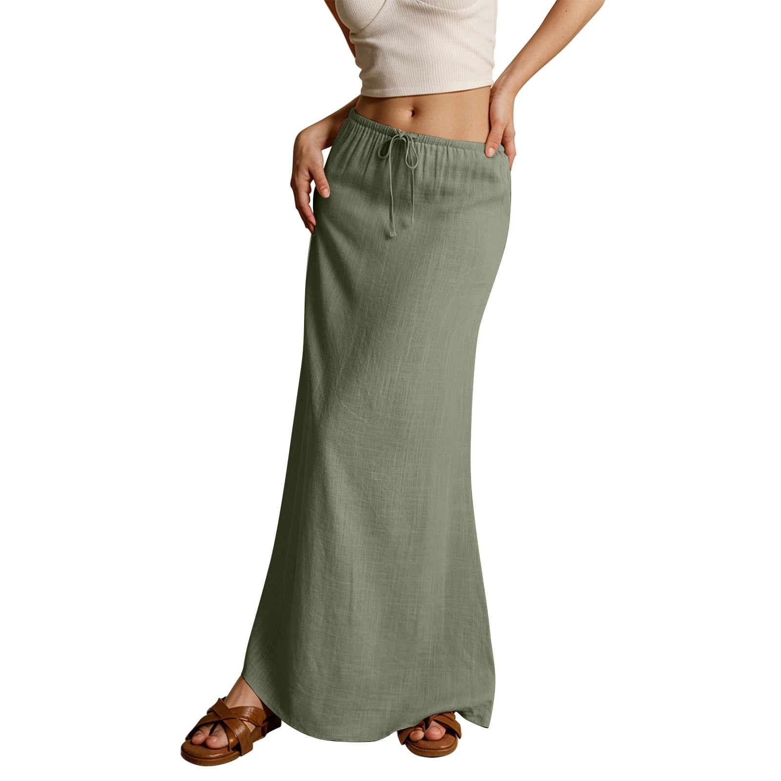 EANJE Cotton Linen Skirts for Women Flowy Spring Maxi Skirt a Line Low ...