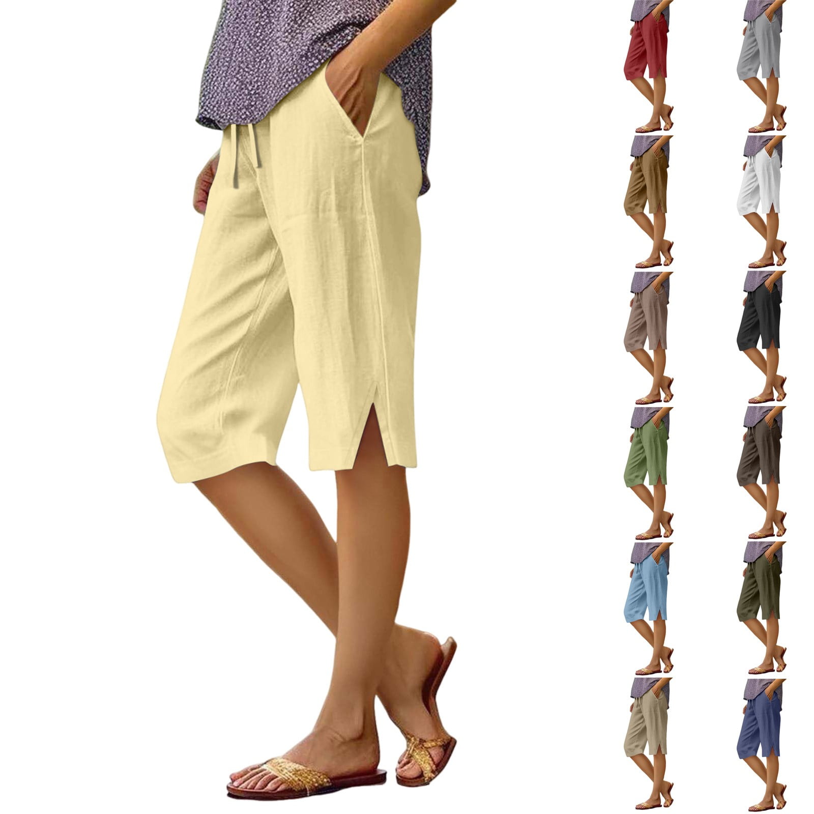 EANJE Linen Shorts for Women Bermuda Shorts Elastic Waist Knee Length ...