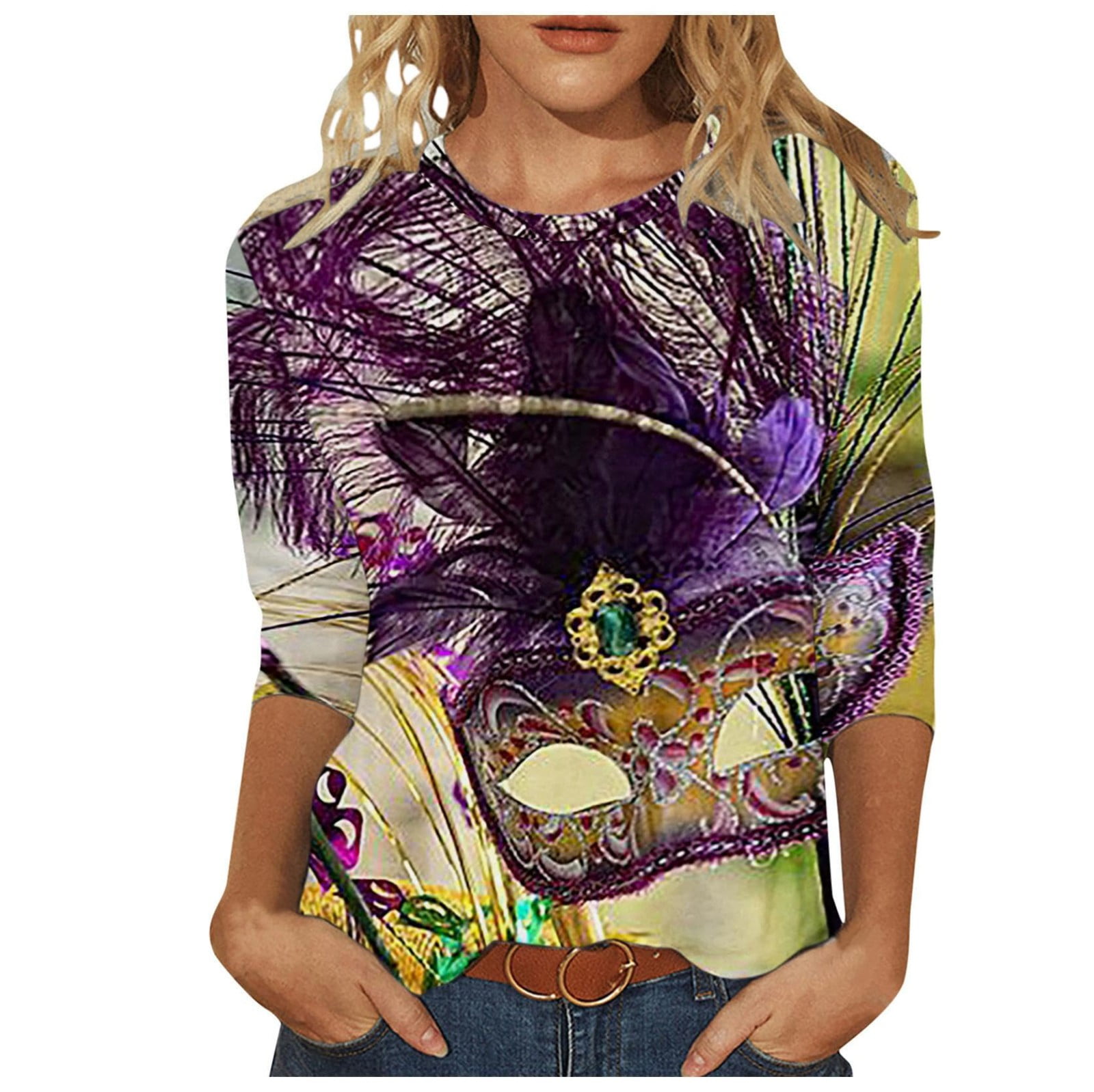 EANJE Mardi Gras Sweater for Women Casual Carnival Party Mask Print 3/4 ...