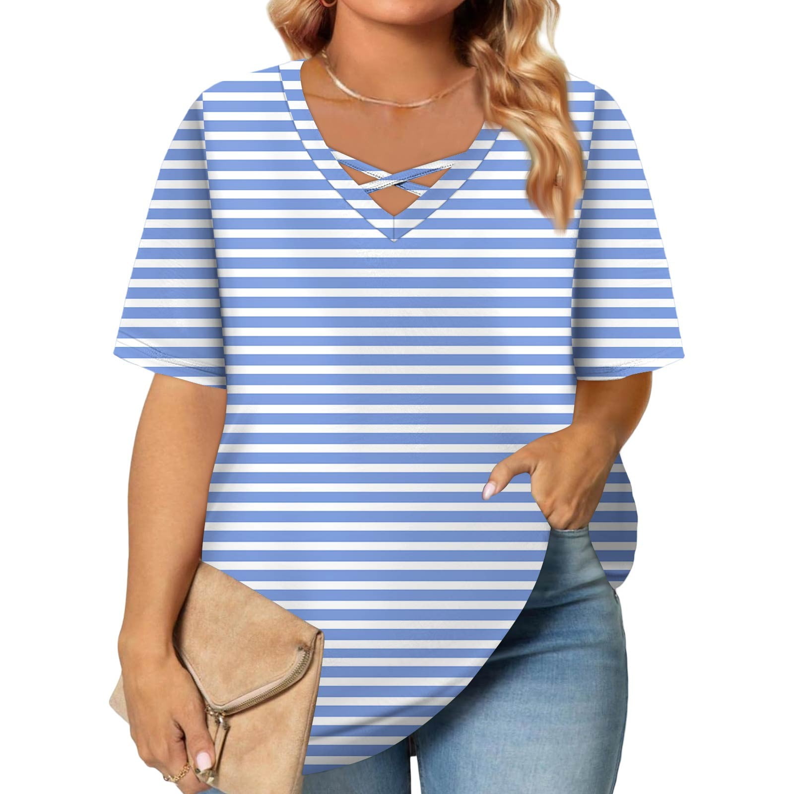 EANJE Plus Size Drop Outfits Clearance Half Sleeve Criss Cross Tshirts ...