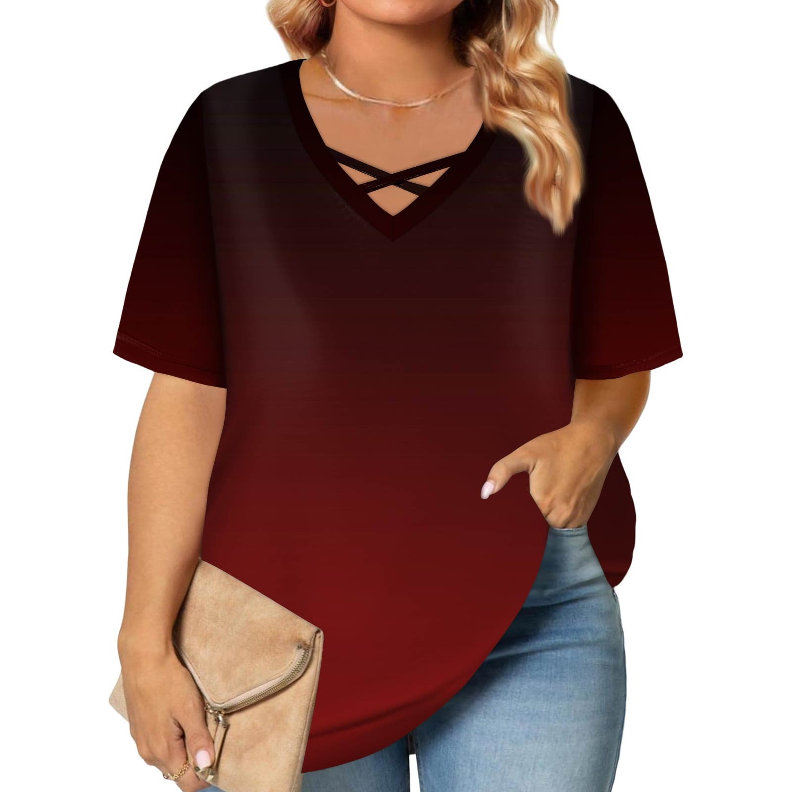 EANJE Plus Size Drop Outfits Dressy Half Sleeve Criss Cross Shirts Work ...