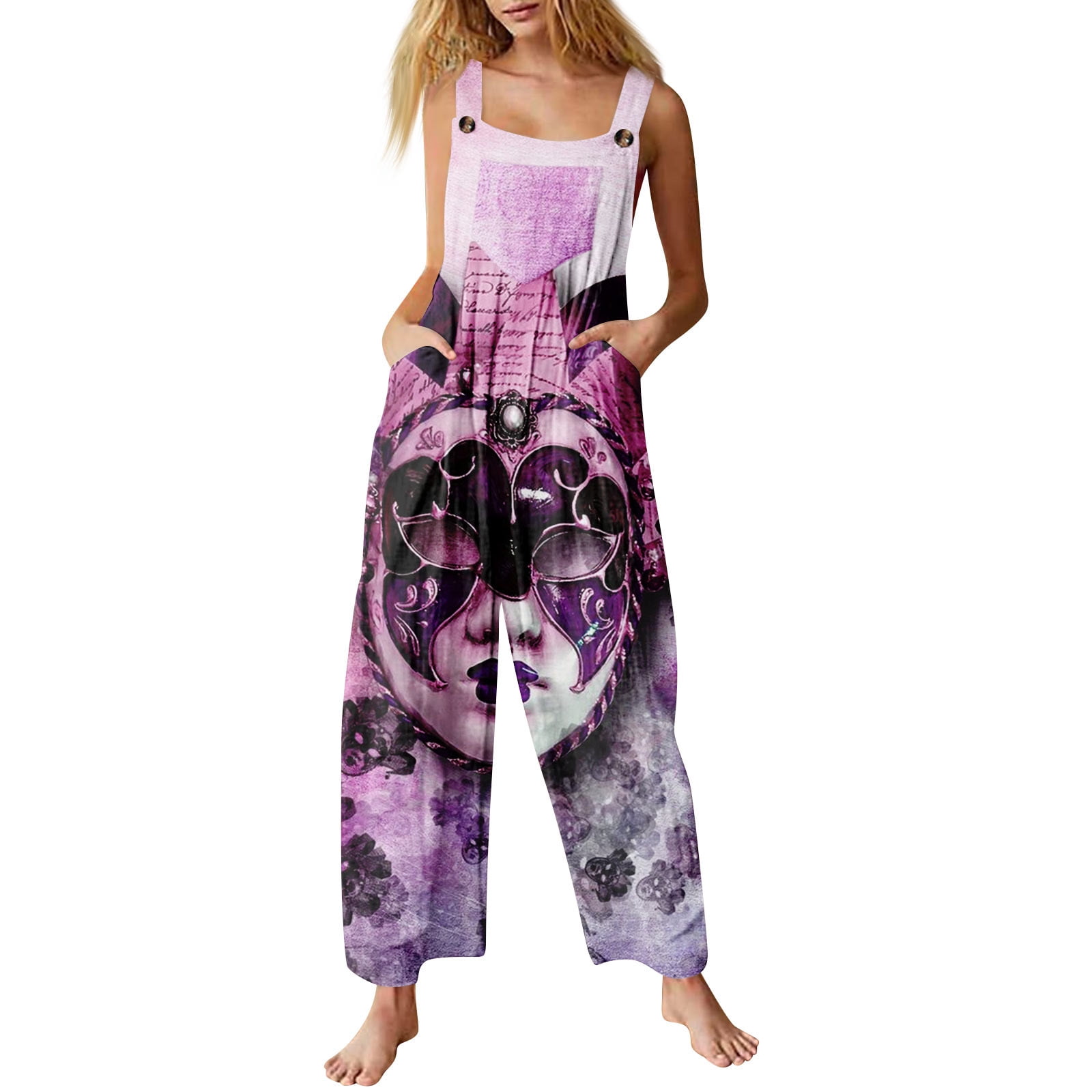 EANJE Plus Size Overalls for Women Boho Wide Leg Pants Sleeveless ...