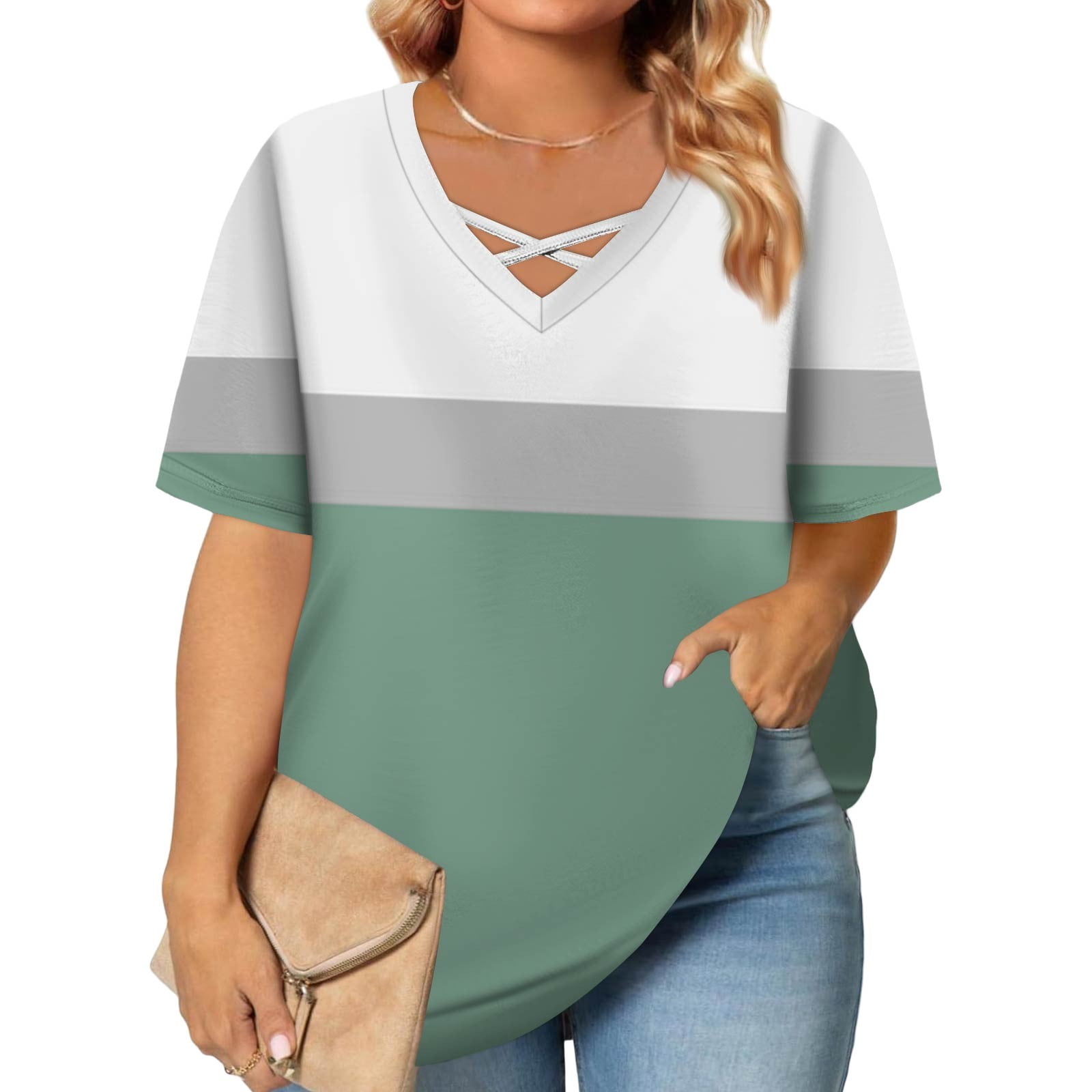 EANJE Plus Size Tops for Women Dressy Half Sleeve Criss Cross Tshirts ...