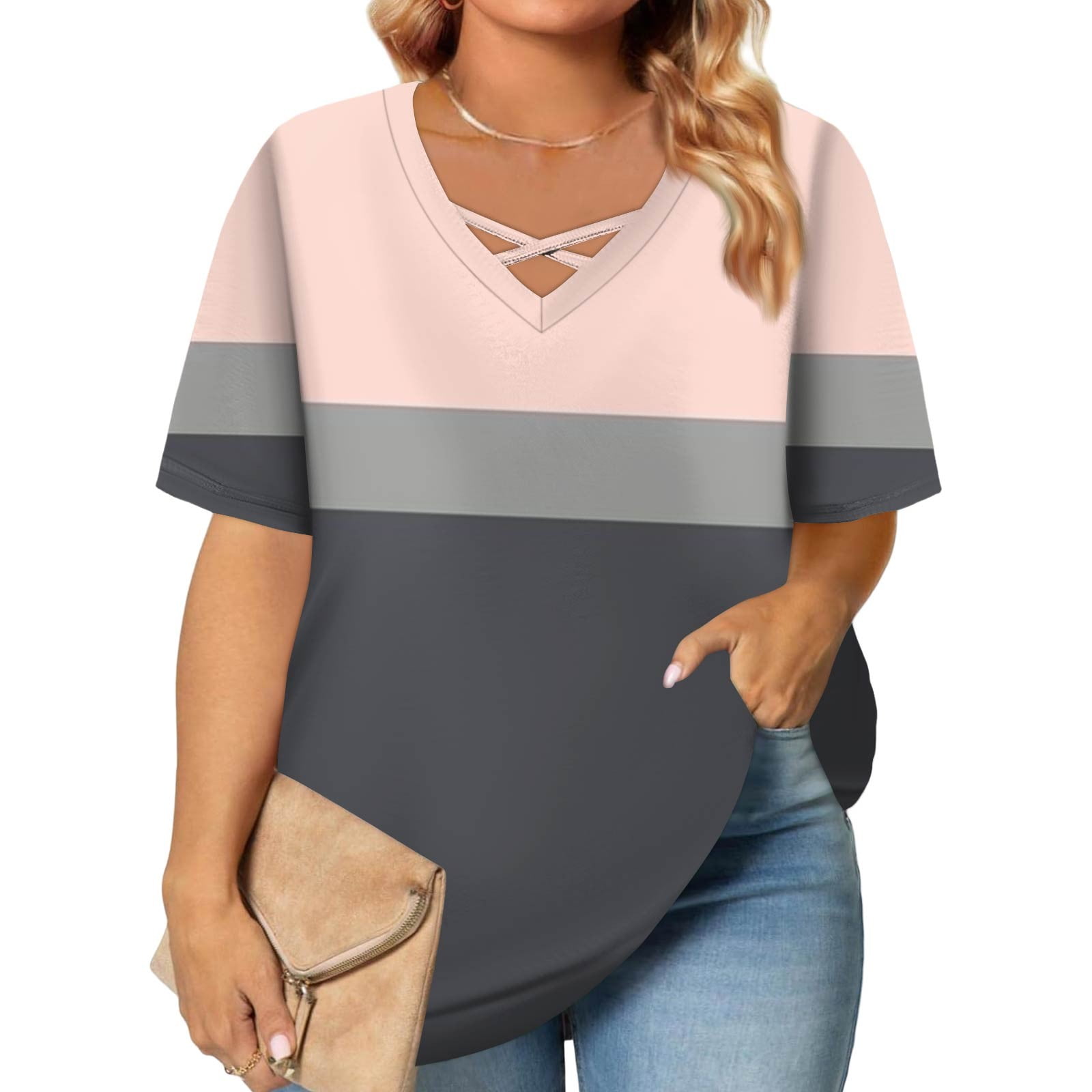 EANJE Plus Size Tunic Tops for Women Dressy Half Sleeve Criss Cross ...