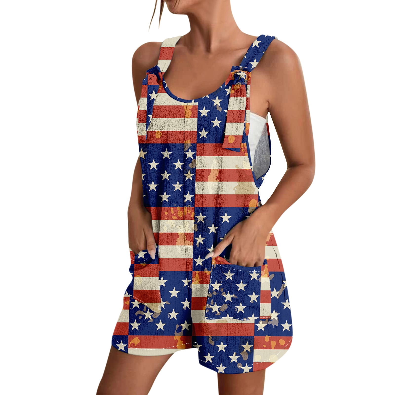 EANJE Short Jumpsuits for Women Cute Sleeveless Usa Star Stripes ...