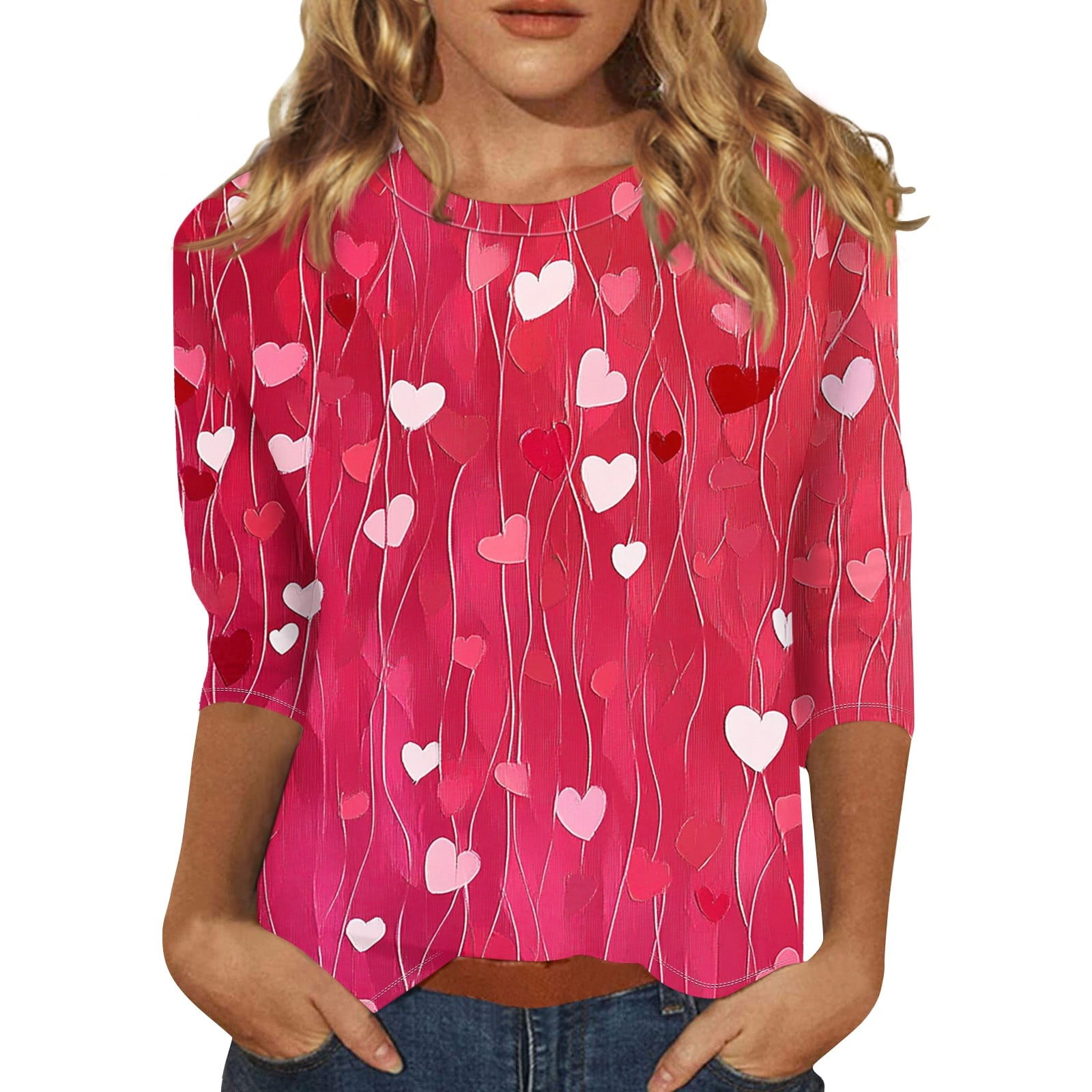 EANJE Valentines Shirts for Women 2025 3/4 Length Sleeve Cute Graphic Shirts Round Neck Loose ...