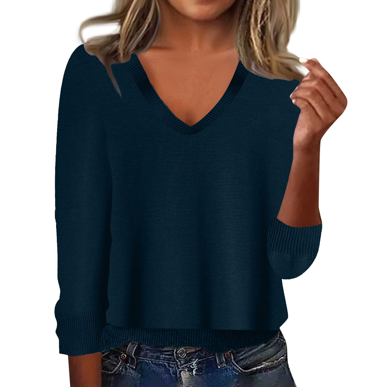 EANJE Women's Sweaters Long Sleeve V Neck Pullover Sweater Soft Knit ...