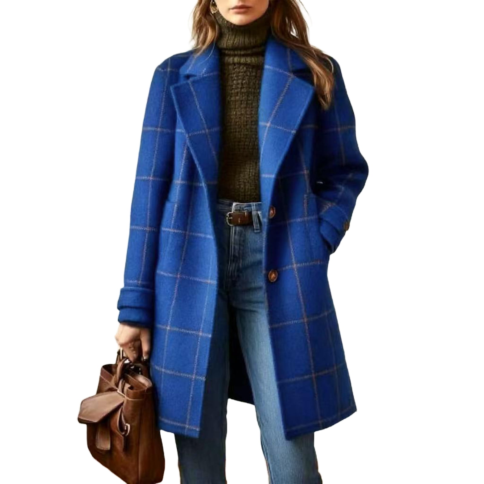 EANJE Women's Winter Notched Collar Plaid Wool Trench Coat Button Down ...