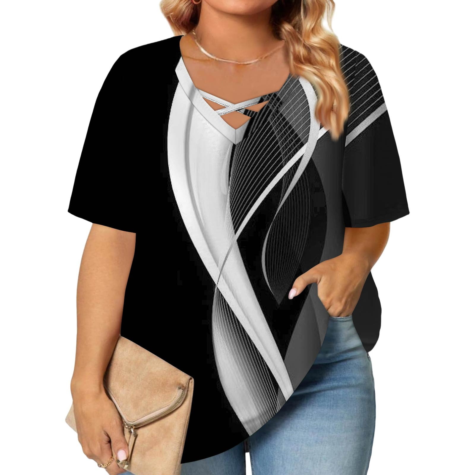 EANJE Womens Plus Size Fall Tops 4x-5x Half Sleeve Criss Cross Tshirts ...
