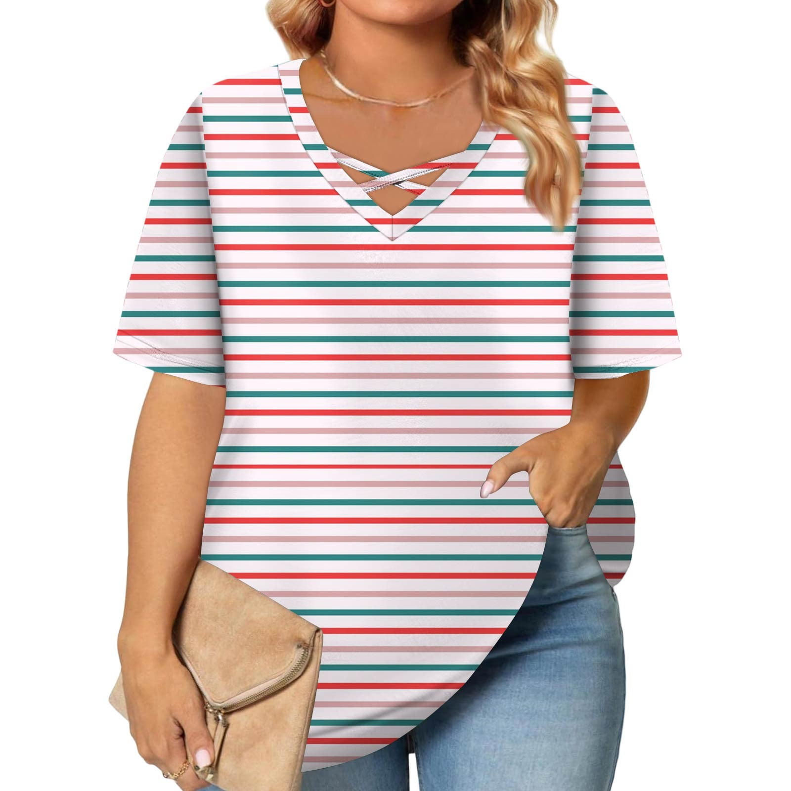 EANJE Womens Plus Size Fall Tops Dressy Half Sleeve Criss Cross Shirts ...