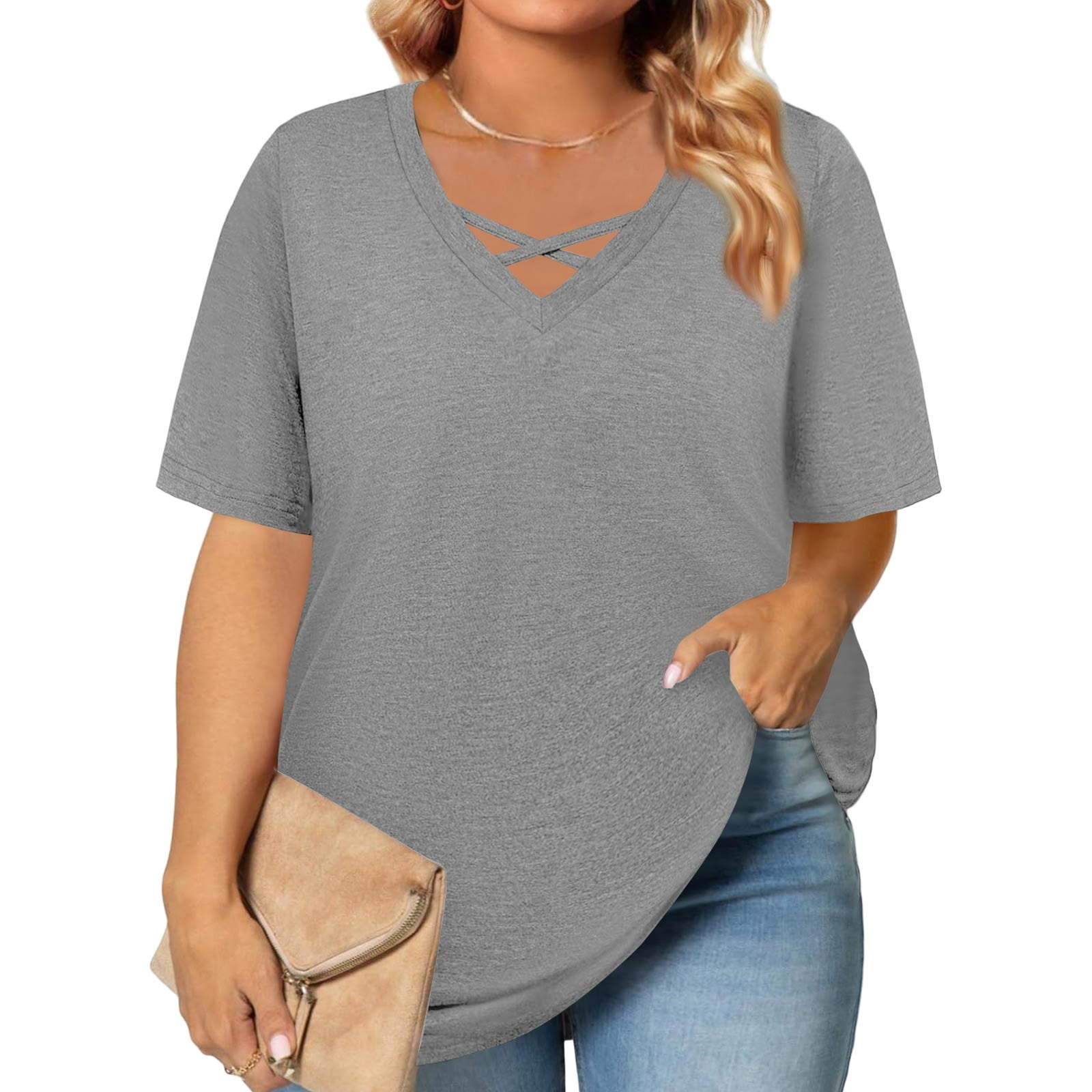 EANJE Womens Plus Size Tops 4x-5x Half Sleeve Criss Cross Tshirts Work ...