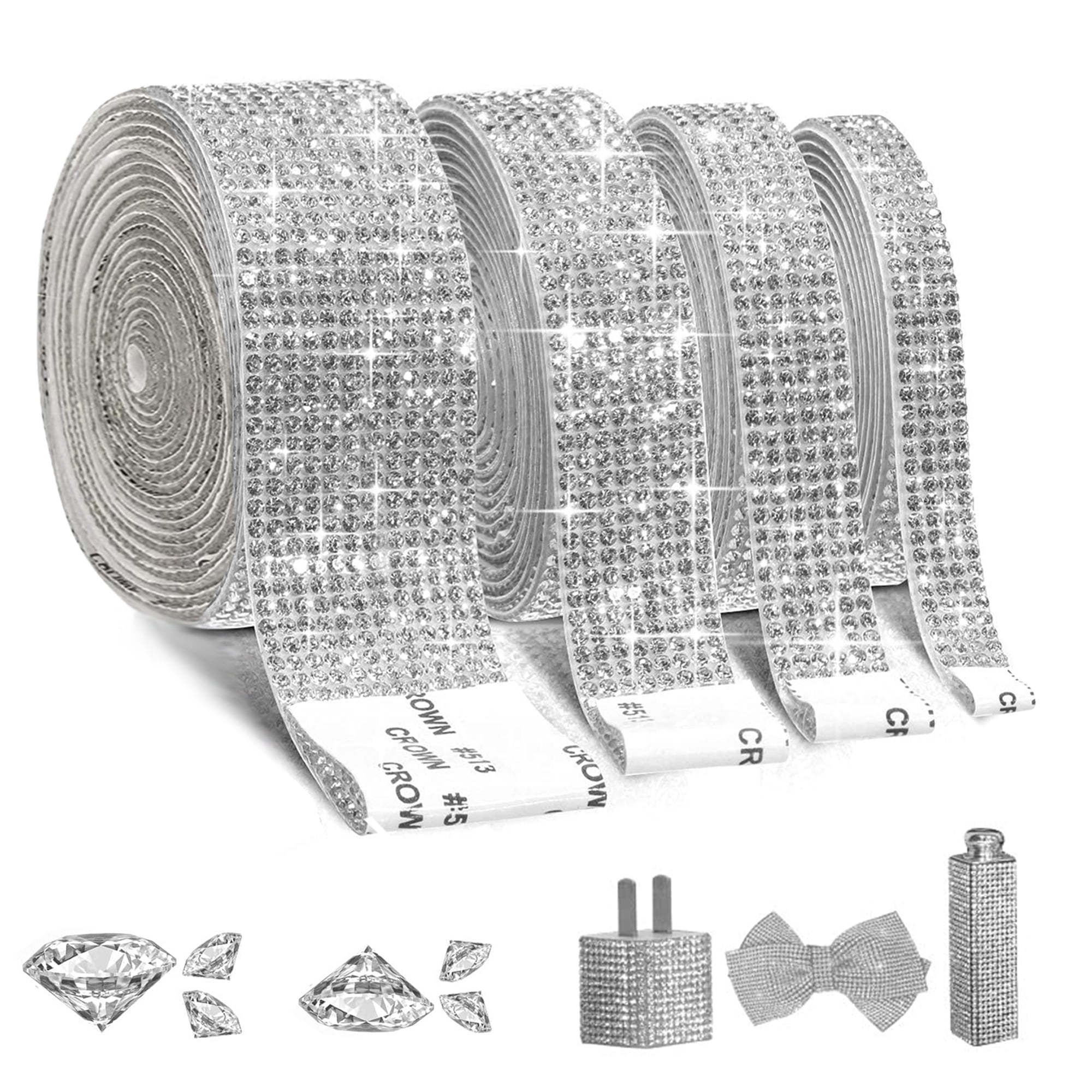Eanloly Self-Adhesive Rhinestone Ribbon, 4 Rolls, Silver, 2mm Bling ...