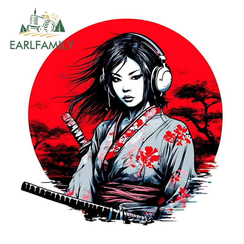 EARLFAMILY 5.1 Inch Samurai Female with Red Sun Car Sticker Scratch ...