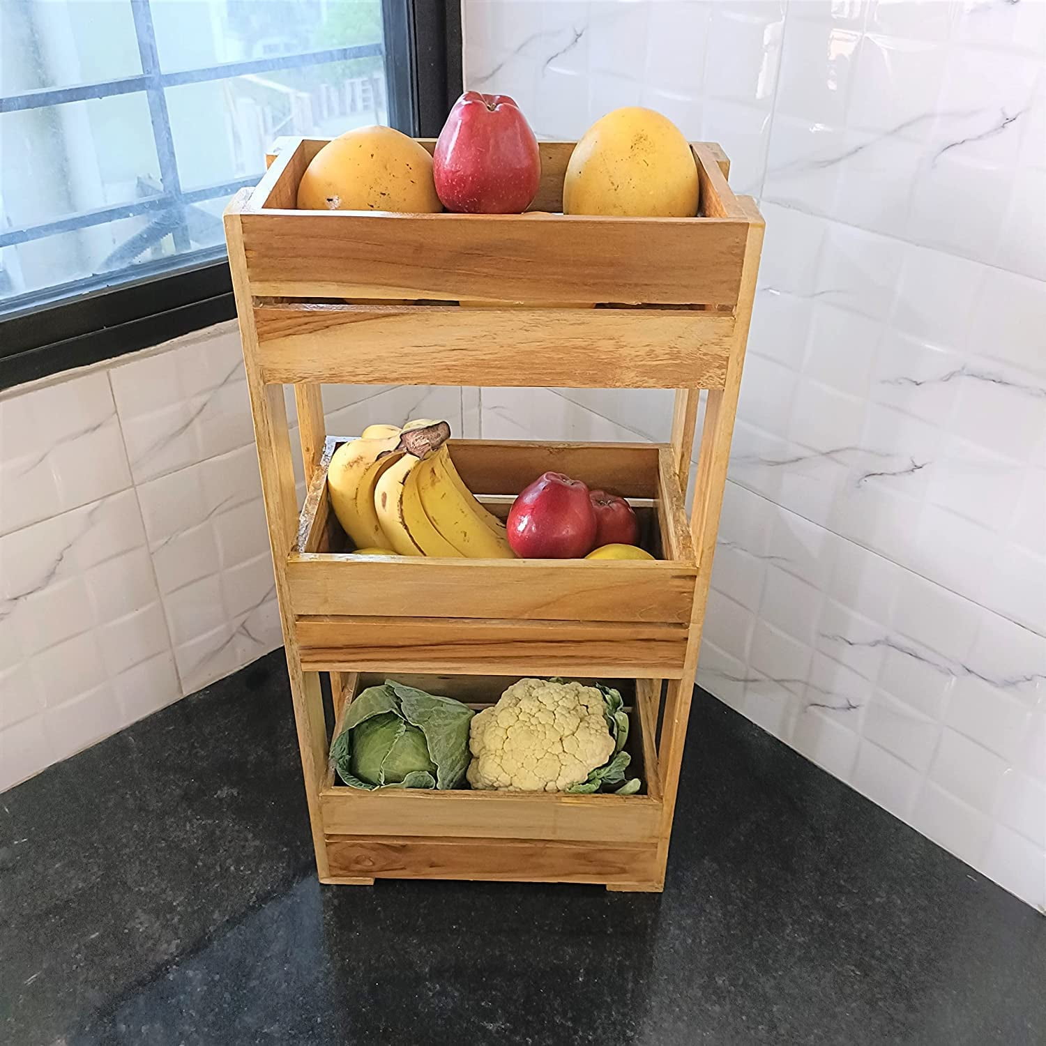 EARLYWOOD Pure Teakwood 3 Tier Stand Kitchen Basket For Fruits Onion ...