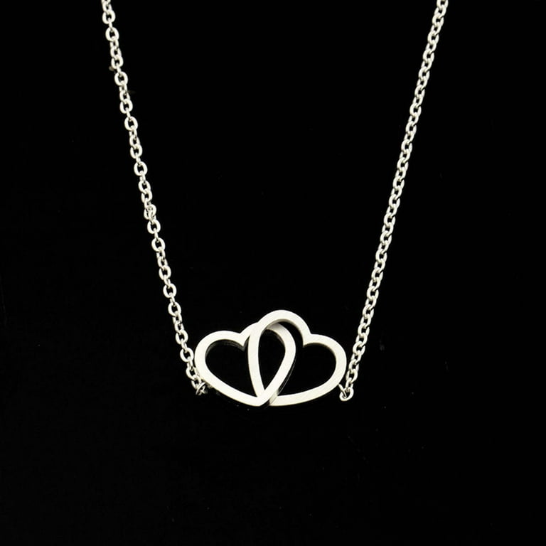 EARSTMAKEUP Cute Double Heart Necklace Tiny Silver Heart Pendant Necklaces Small Silver Love Open Heart Chain Necklace for Women Dainty Silver
