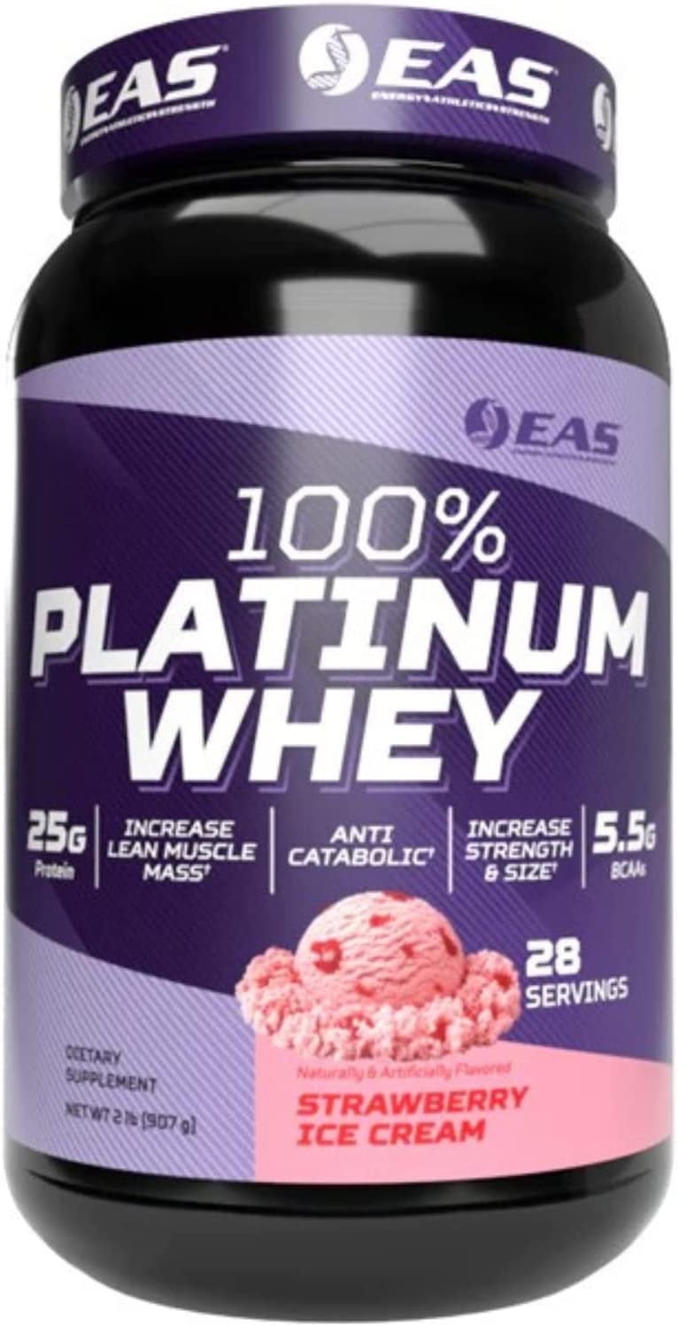 EAS 100% Platinum Whey Powder - 25g Protein, Anti Catabolic, 5.5g BCAAs - 2lb Strawberry Ice ...