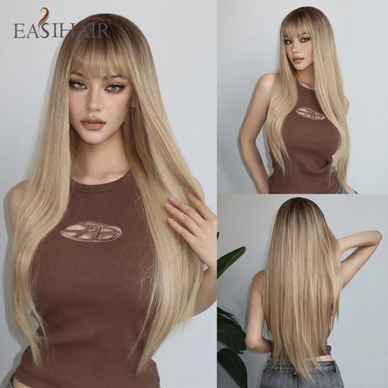 EASIHAIR Long Silky Straight Synthetic Wigs with Bangs Black Cosplay ...