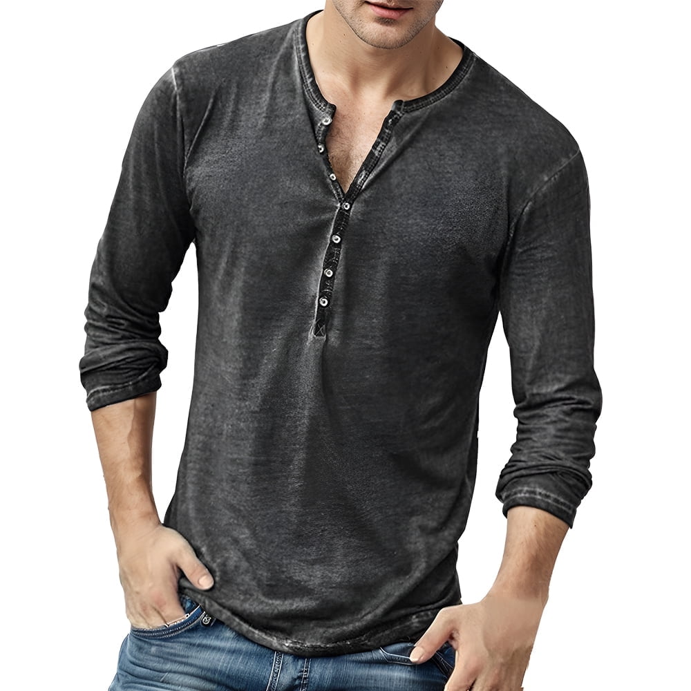 EASTHER Mens Distressed Henley Shirts Retro Long Sleeve Tee Shirts ...