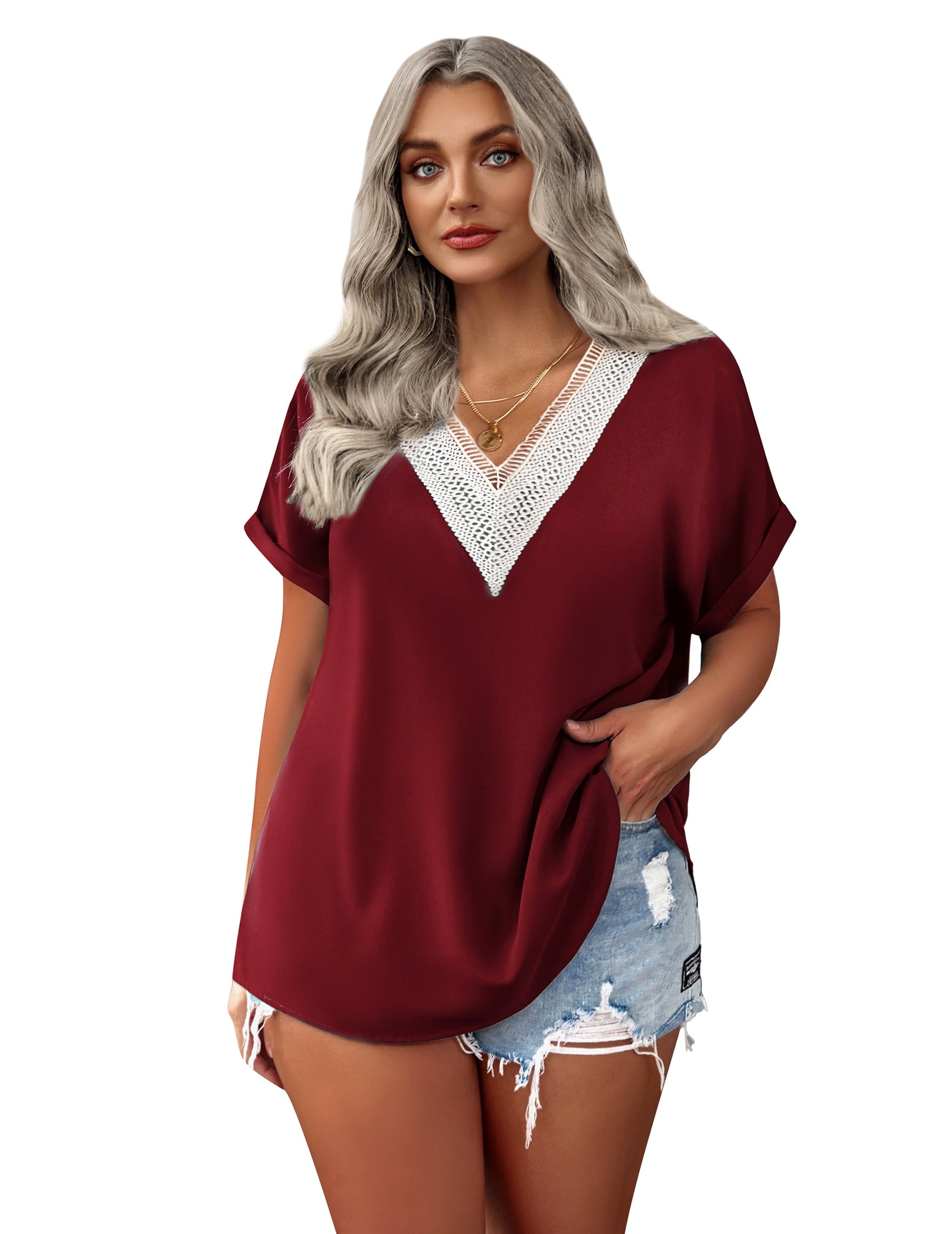 EASTHER Plus Size Lace T Shirts 2024 V Neck Blouses Women's Short ...