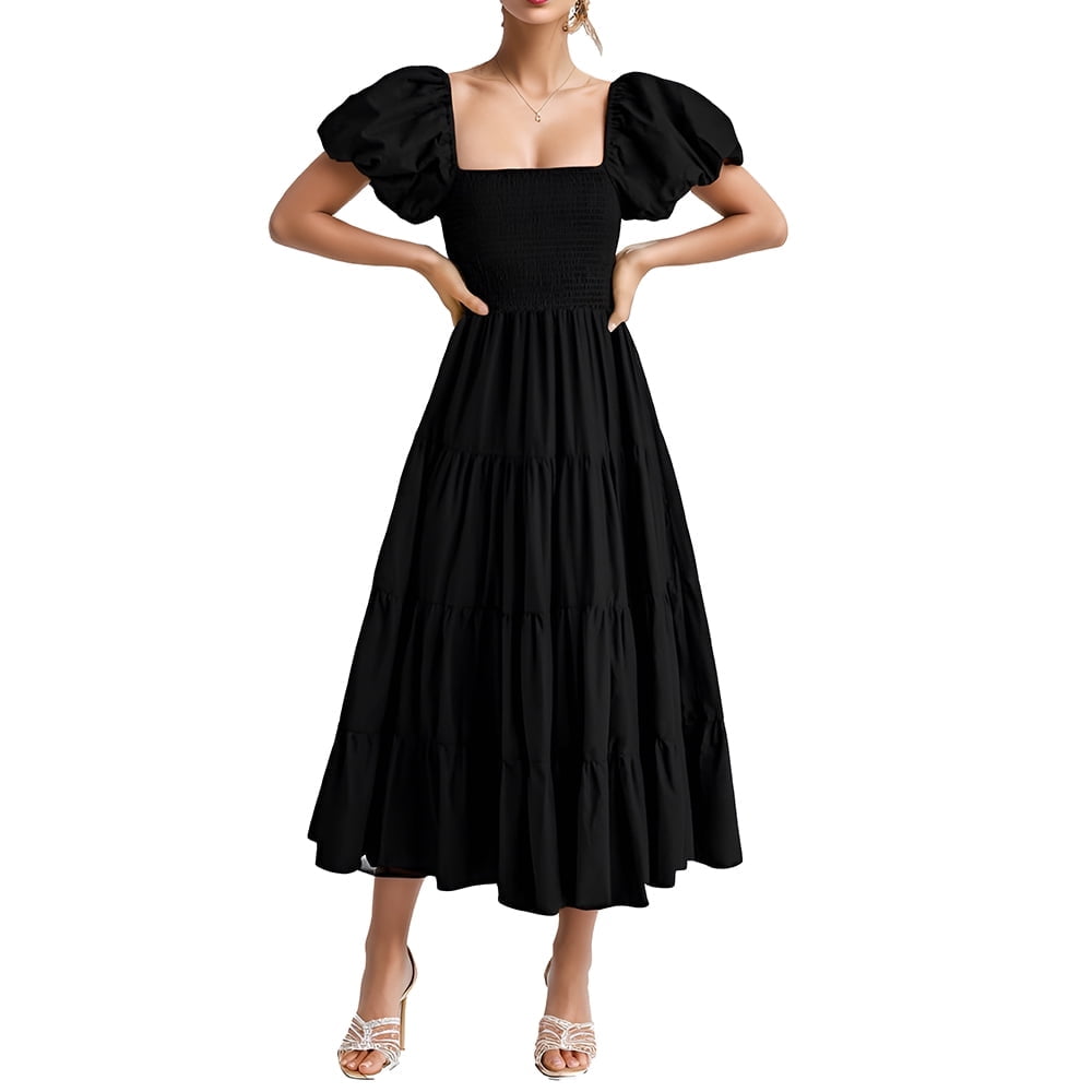 EASTHER Midi Dresses for Women Puff Short Sleeve Square Neck Summer ...