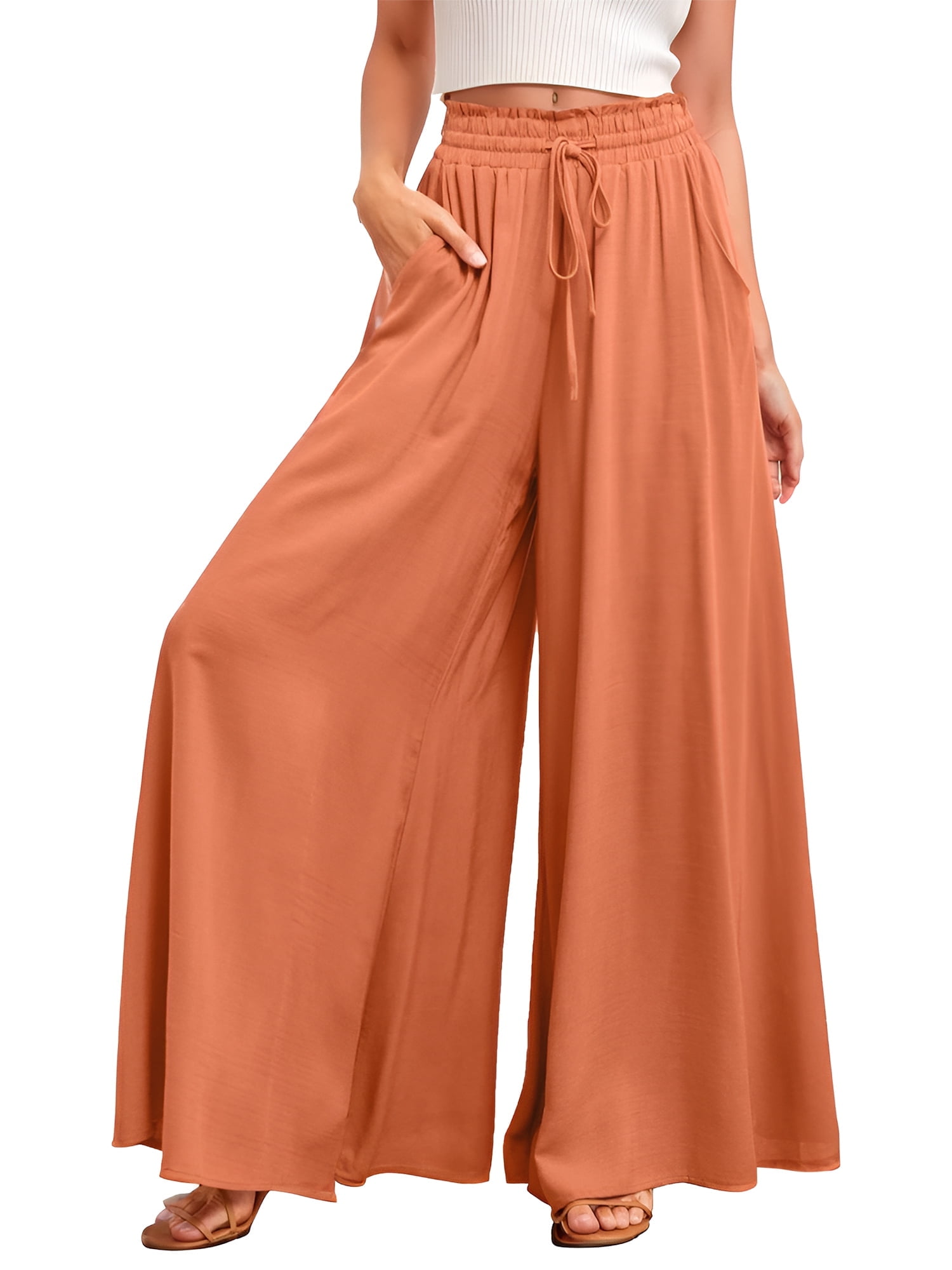 EASTHER Women's Women Wide Leg Chiffon Pants with Pockets High Waisted ...