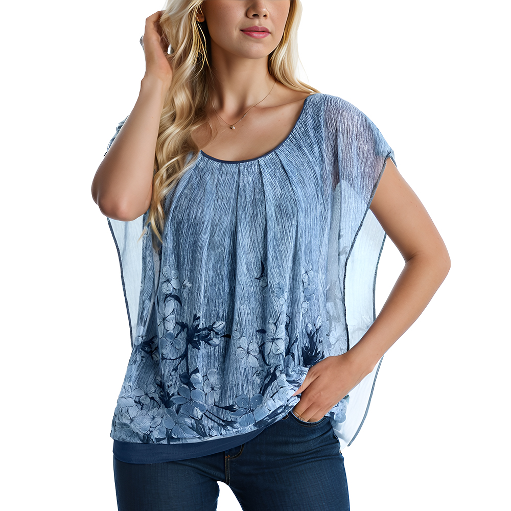 EASTHER Women's Printed Flouncing Flared Short Sleeve Mesh Blouse Top ...