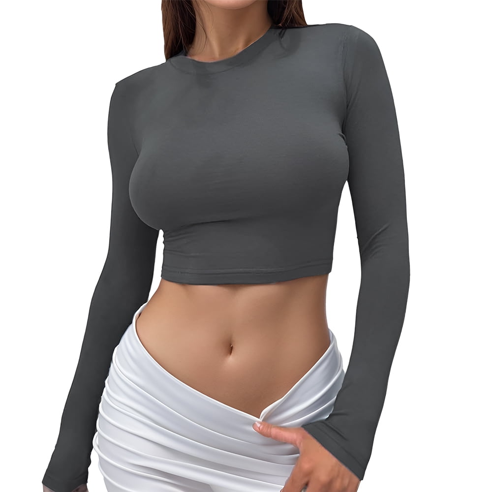 Easther Womens Sexy Long Sleeve Crop Top 2024 Crew Neck Basic Fitted