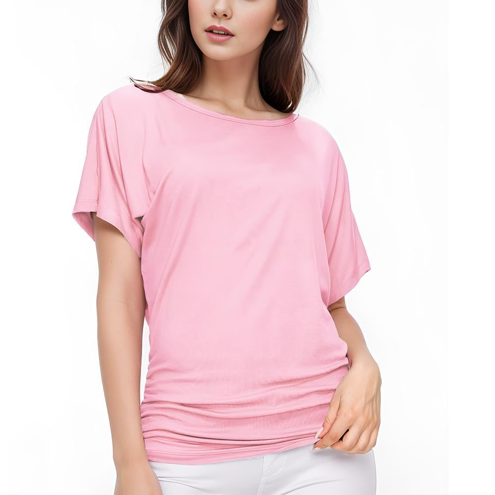 EASTHER Women's Solid Batwing Short Sleeve Boat Round Neck Dolman Top ...