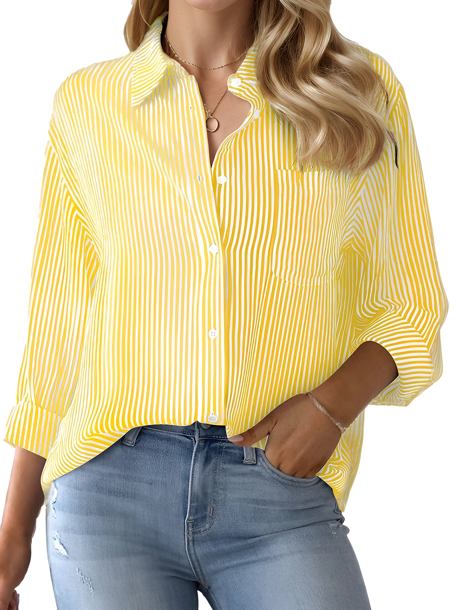 EASTHER Womens Button Down Shirts Striped Classic Long Sleeve Collared ...