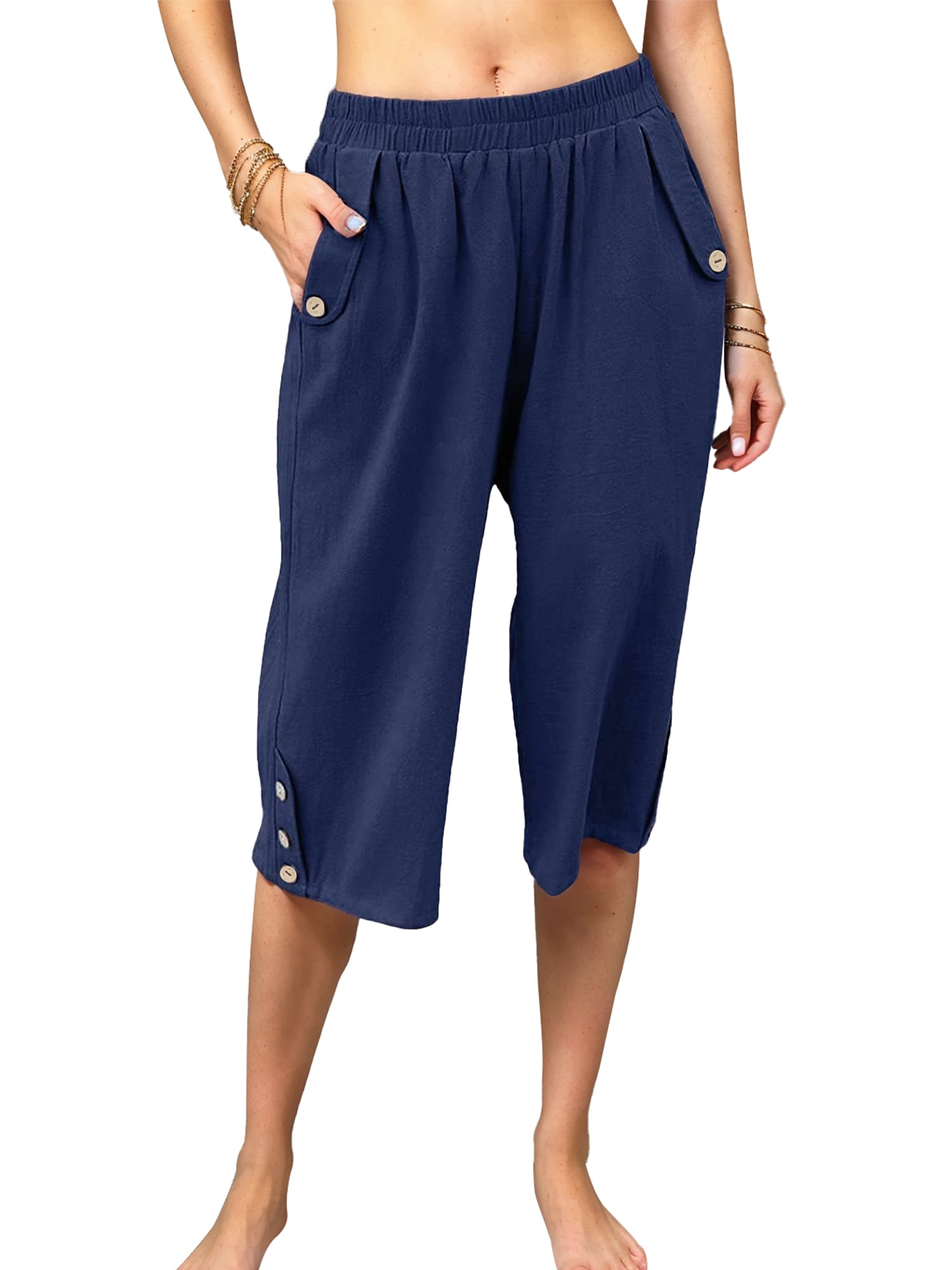 Summer Capri Pants for Women, Women's Cotton Linen Button Cropped Pants ...