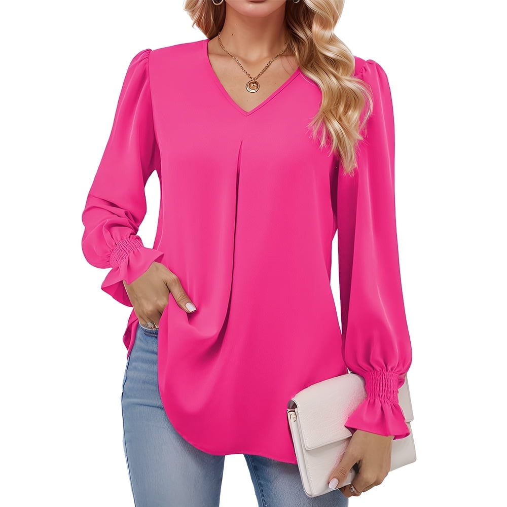Easther Womens Long Sleeve Tops Dressy Casual V Neck Tunic Shirts Loose Chiffon Work Flowy