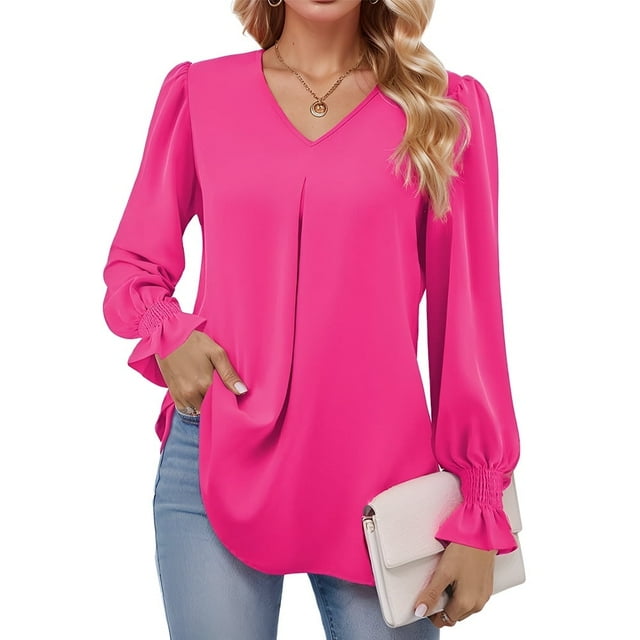 Easther Womens Long Sleeve Tops Dressy Casual V Neck Tunic Shirts Loose