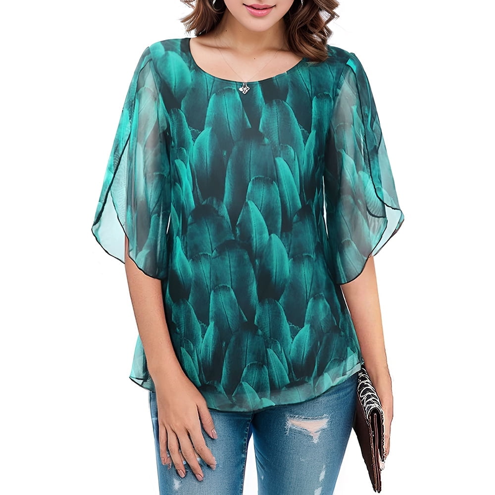 EASTHER Womens Ruffle 3/4 Sleeve Mesh Blouses Loose Flowy Tops Stretchy ...