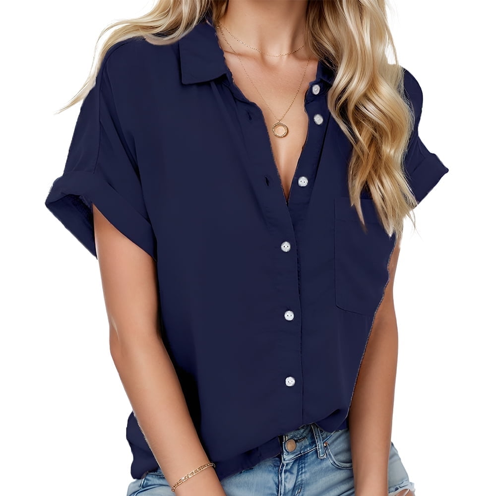 EASTHER Womens Short Sleeve Button Down Shirts V Neck Collared Solid ...