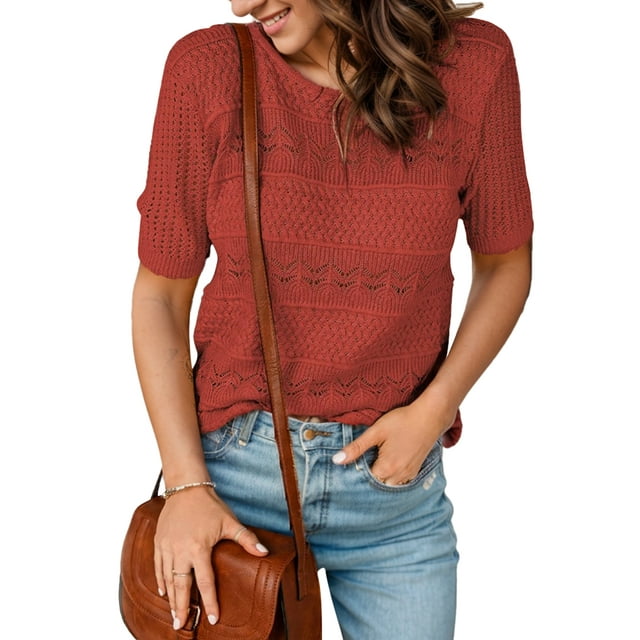 EASTHER Womens Short Sleeve Sweaters Tops Crew Neck Pullover Shirt ...